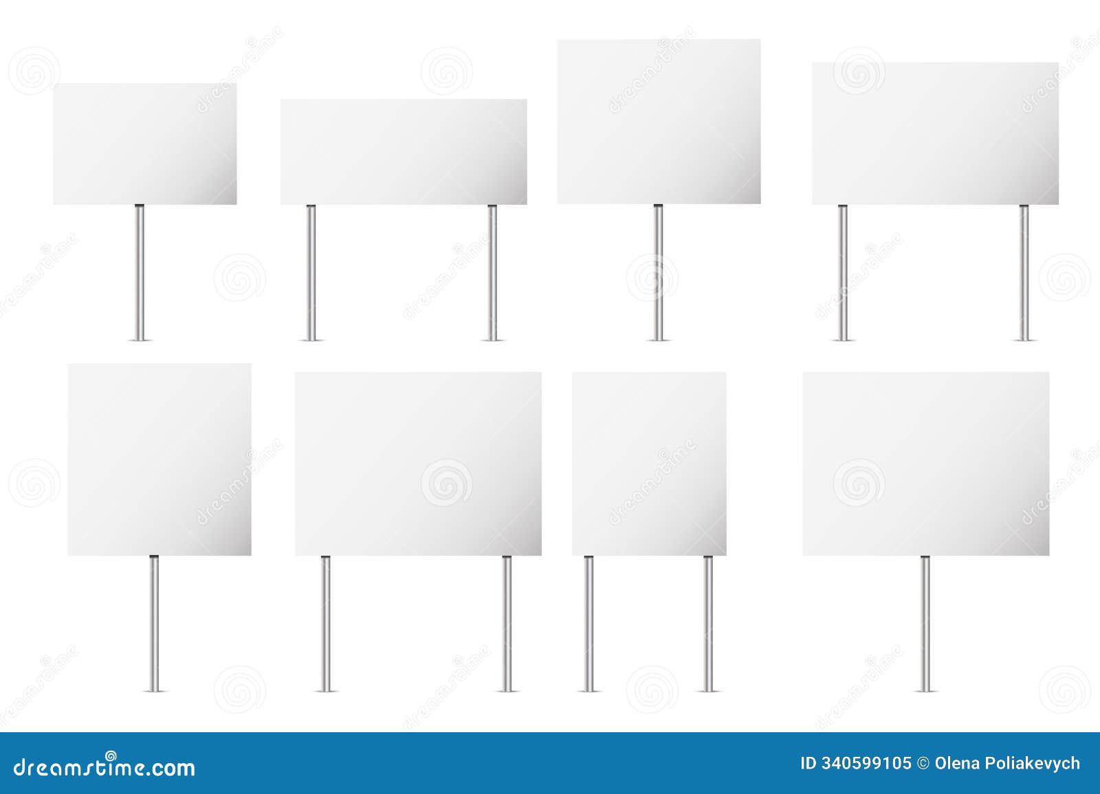 Eight Blank White Signs on Metallic Poles. Different Rectangular Shapes ...
