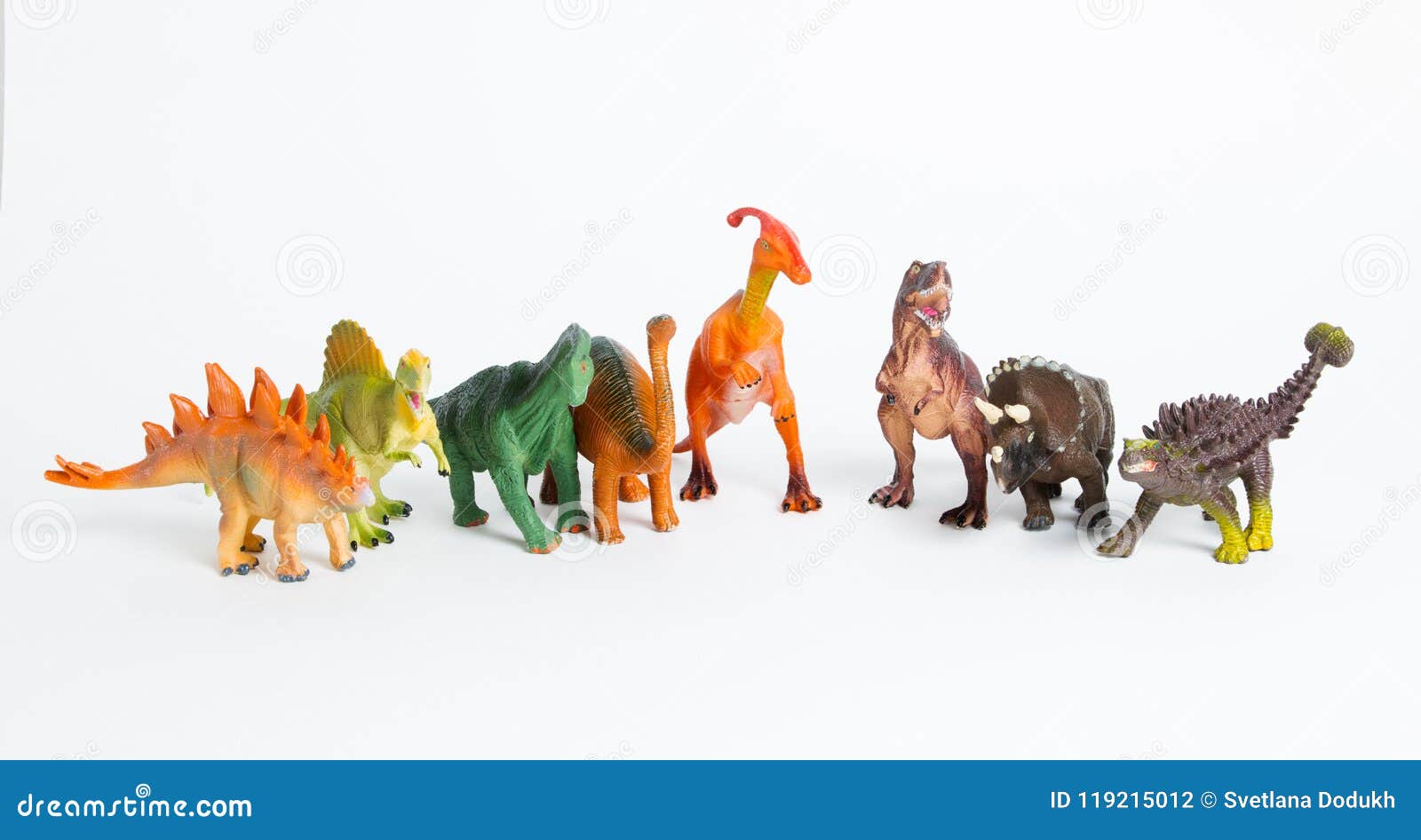 Eight Colored Different Models of Dinosaurs on White Stock Photo ...