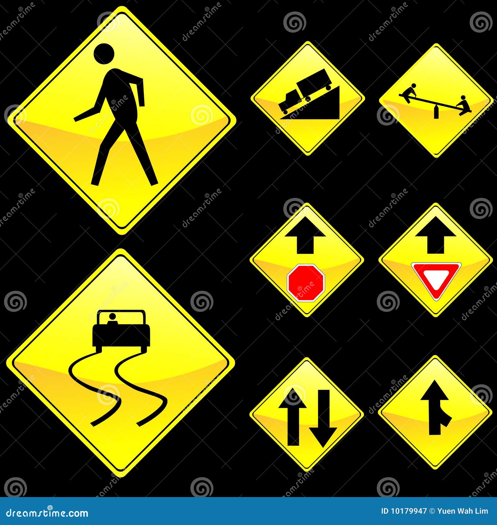 Eight Diamond Shape Yellow Road Signs Set 4 Stock Vector - Illustration ...