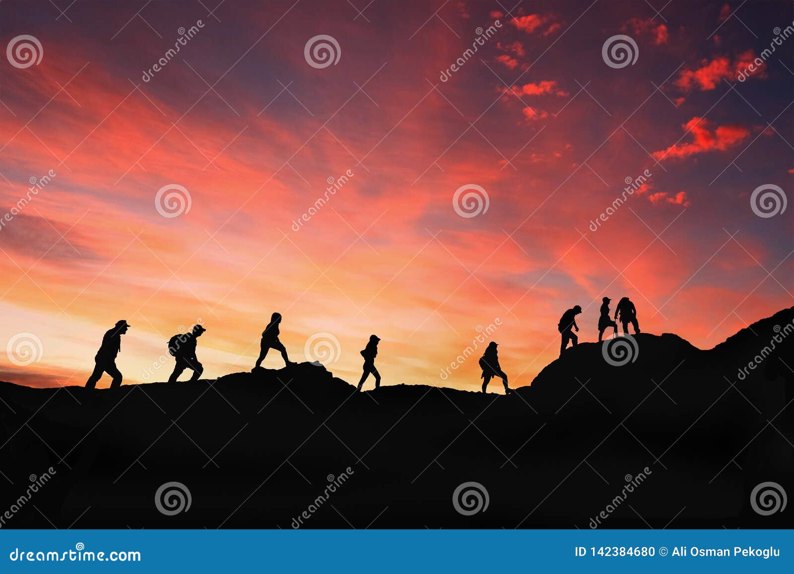 Eight Friends Walk on Mountain Path in Sunset Stock Photo - Image of ...