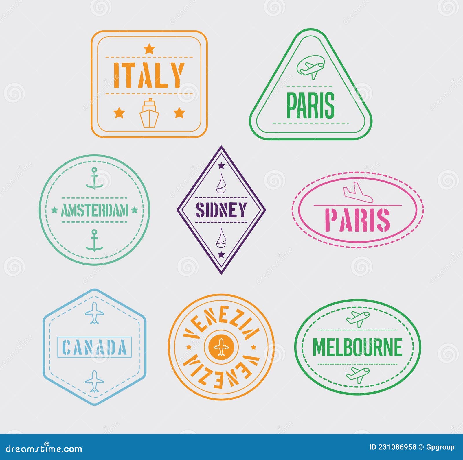 Eight international stamps stock vector. Illustration of design - 231086958