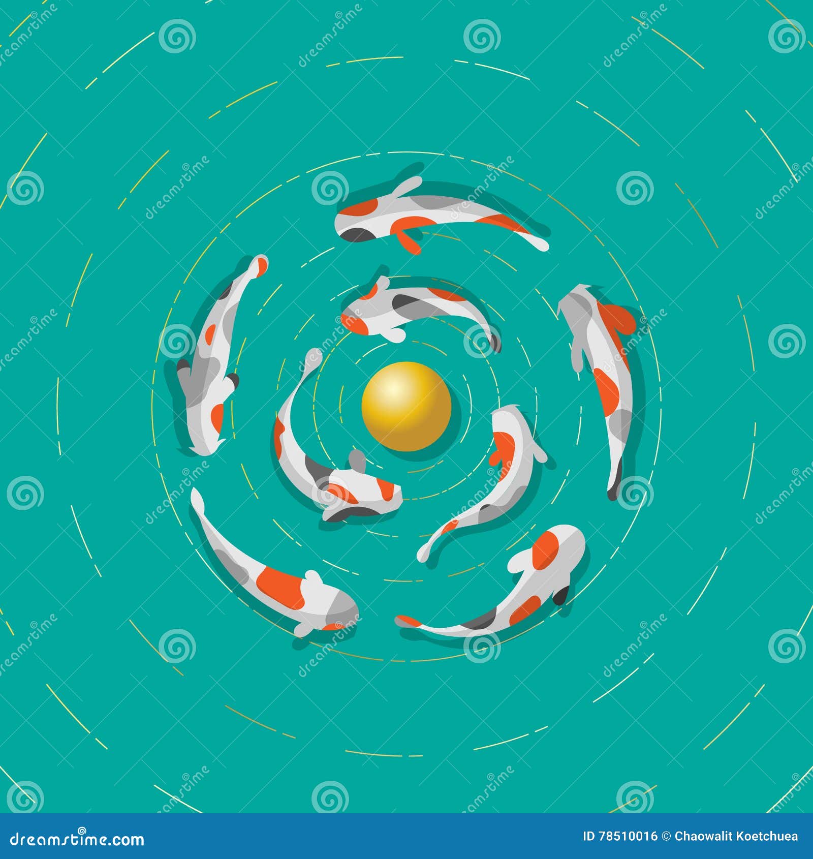 Eight Koi Fish are Swimming Around a Golden Sphere. Stock Vector ...