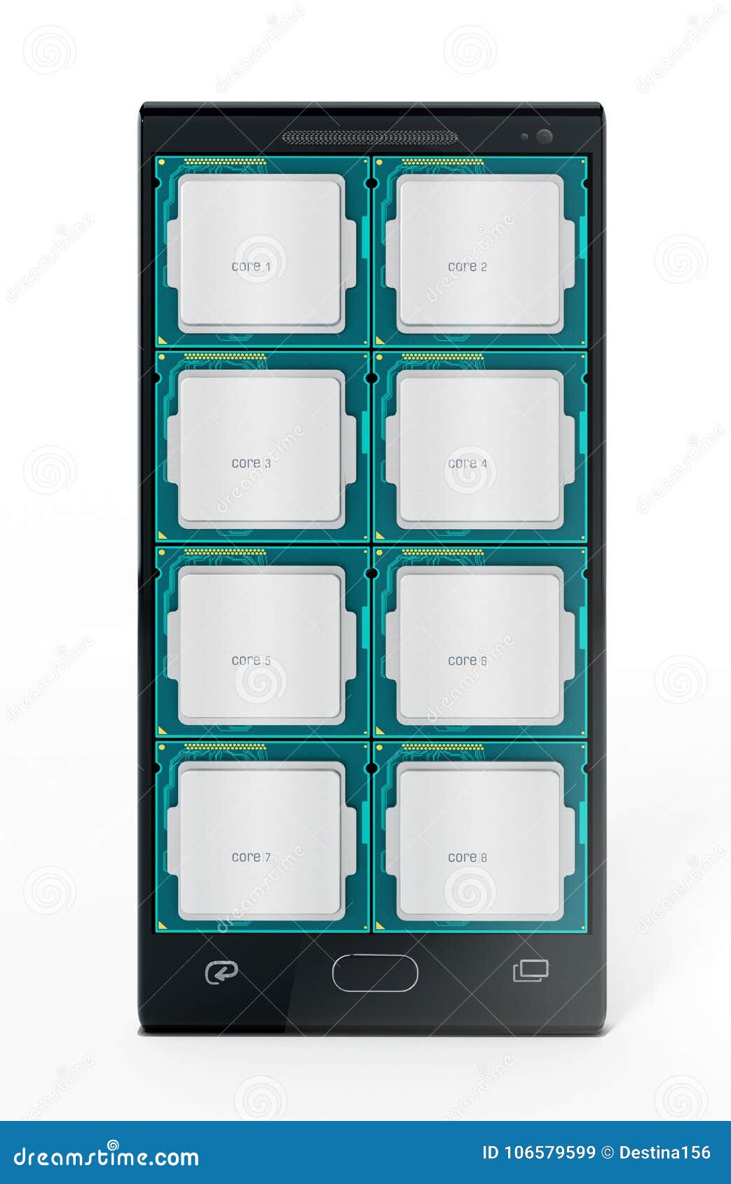 Eight Microprocessor Cores on Smartphone. 3D Illustration Stock ...