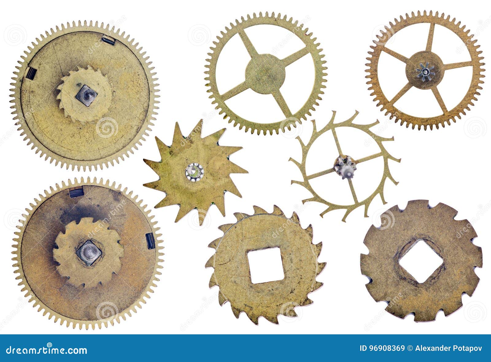 Eight Old Brass Isolated Gears Stock Image - Image of machinery, close ...