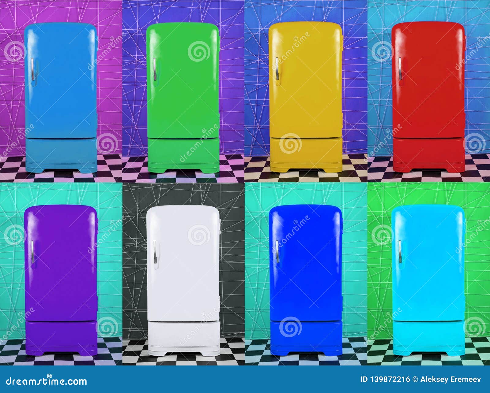 Eight Old Multi-colored Fridges on Different Backgrounds Stock ...