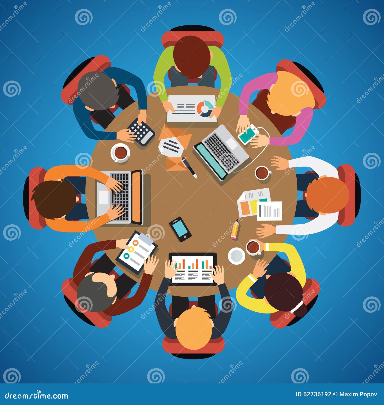 Eight People Team Sitting and Working Together Stock Vector ...