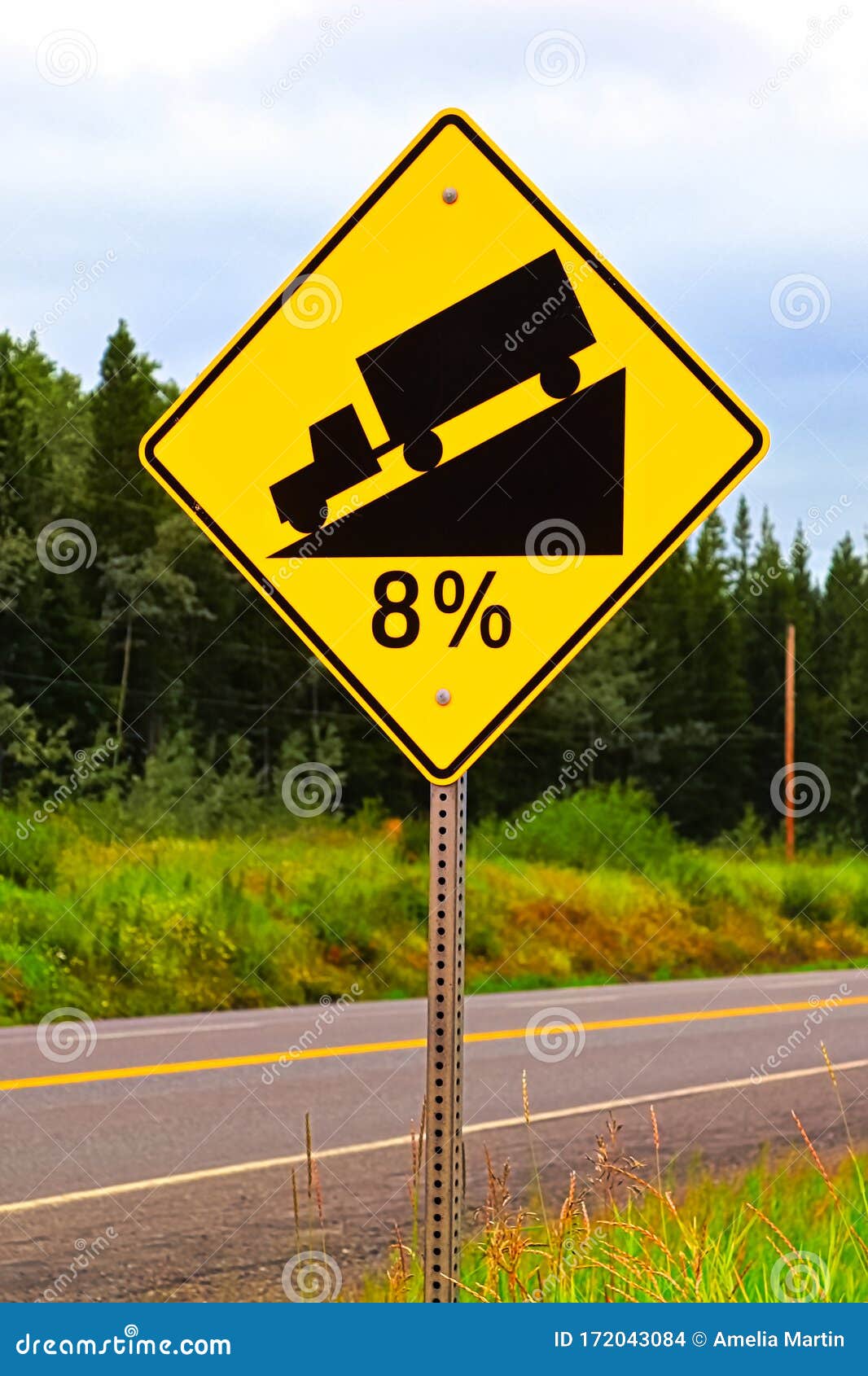 An Eight Percent Hill Grade Sign Warning Stock Photo - Image of ...