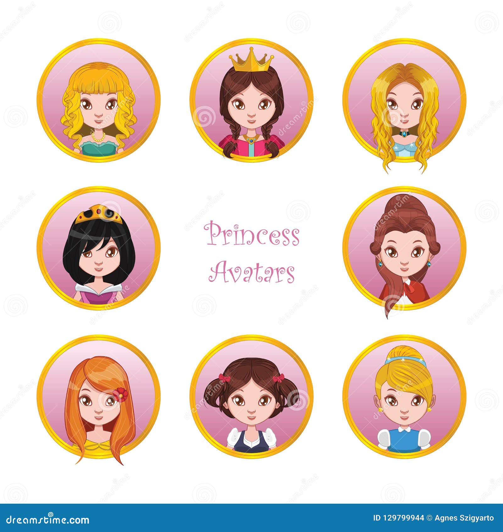 Princess Avatars Collection with Golden Frame Stock Vector ...