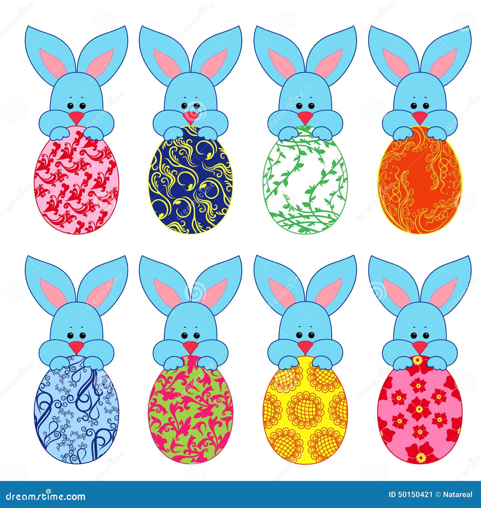 Eight Small Bunnies with Easter Eggs Stock Vector - Illustration of ...