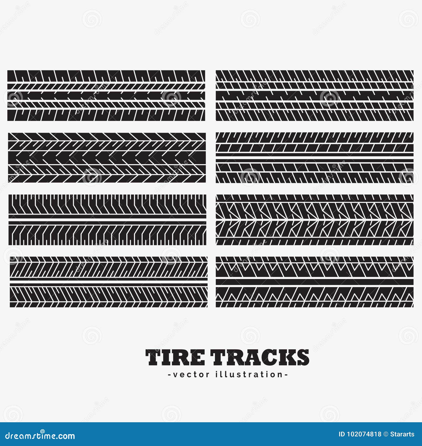 Eight Tire Tracks Marks Set Stock Vector - Illustration of splatter ...