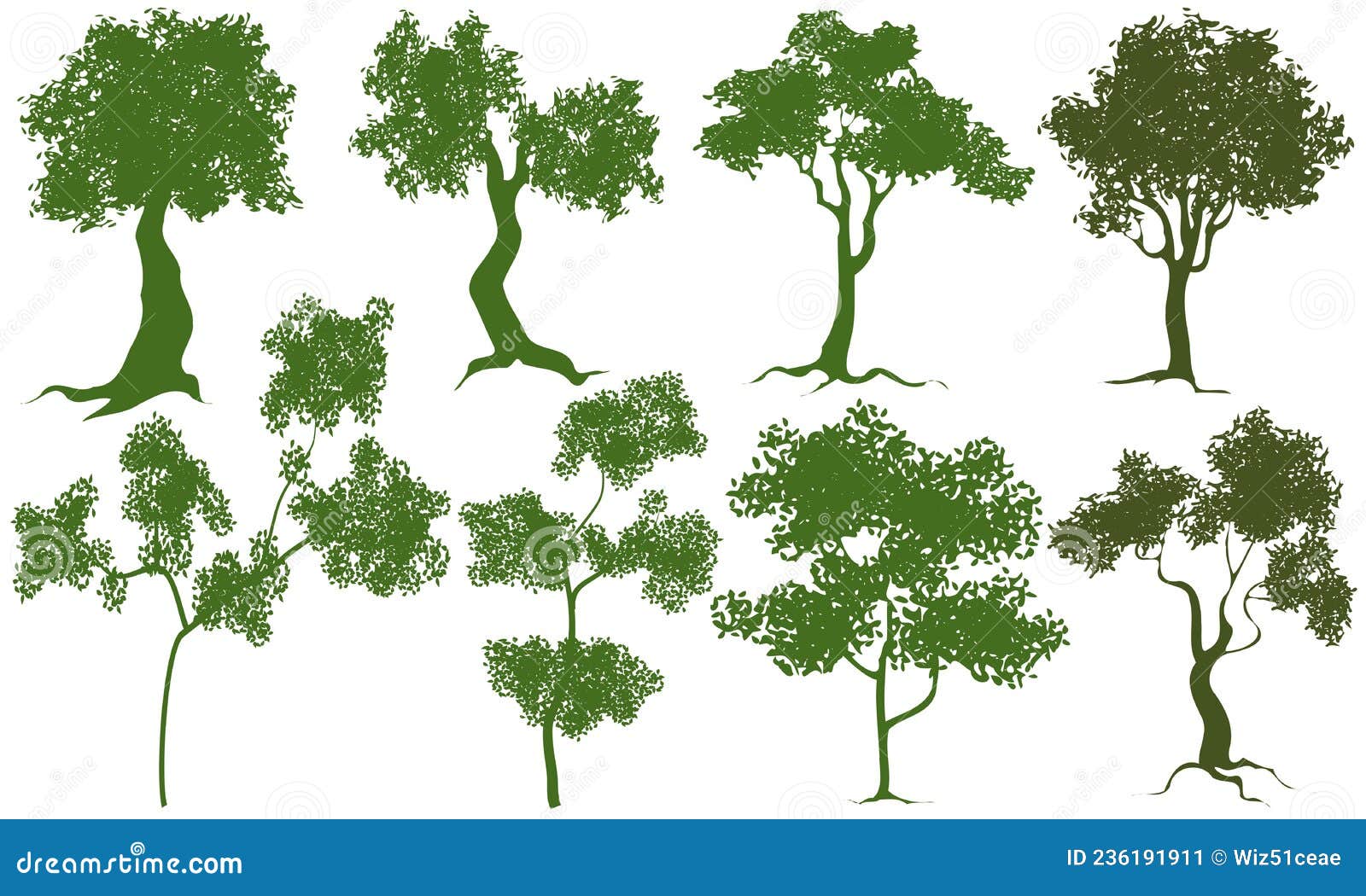 Eight Trees Vector Silhouettes Isolated on White Background Stock ...