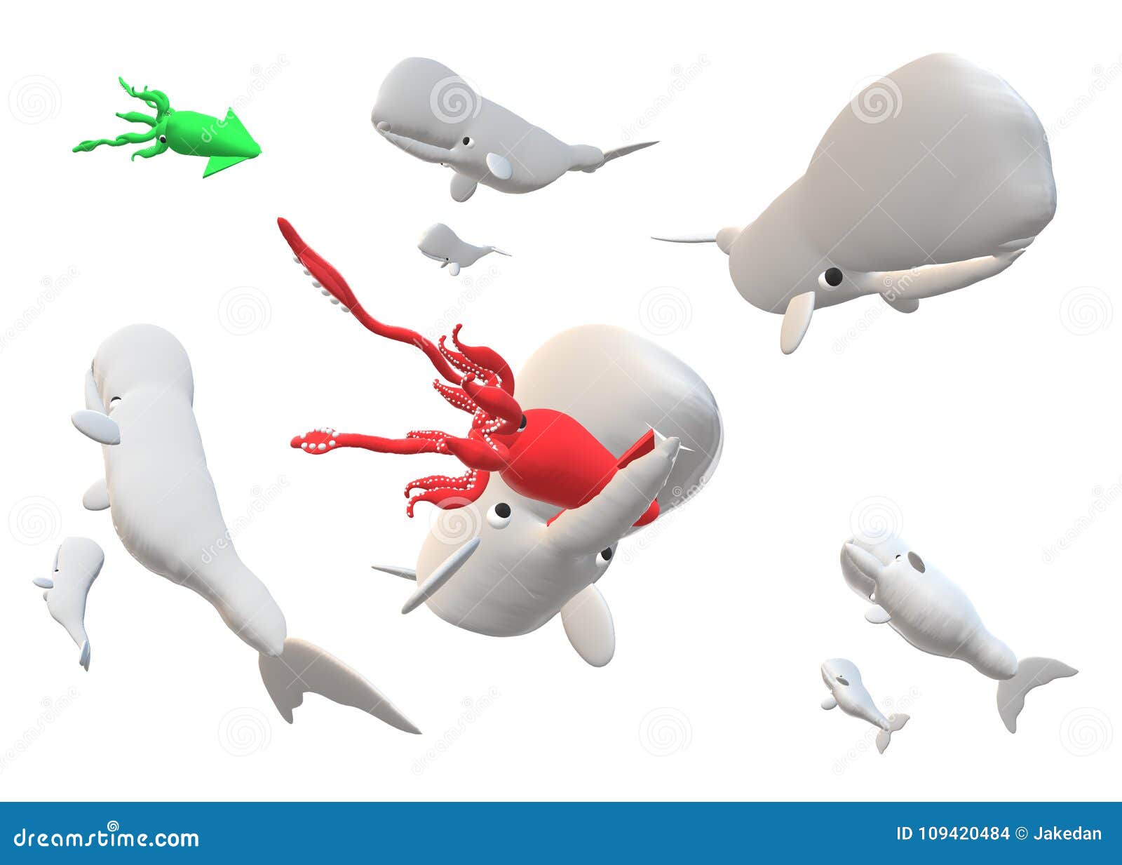 Eight Whales And Two Squids On A White Background Royalty-Free Cartoon ...