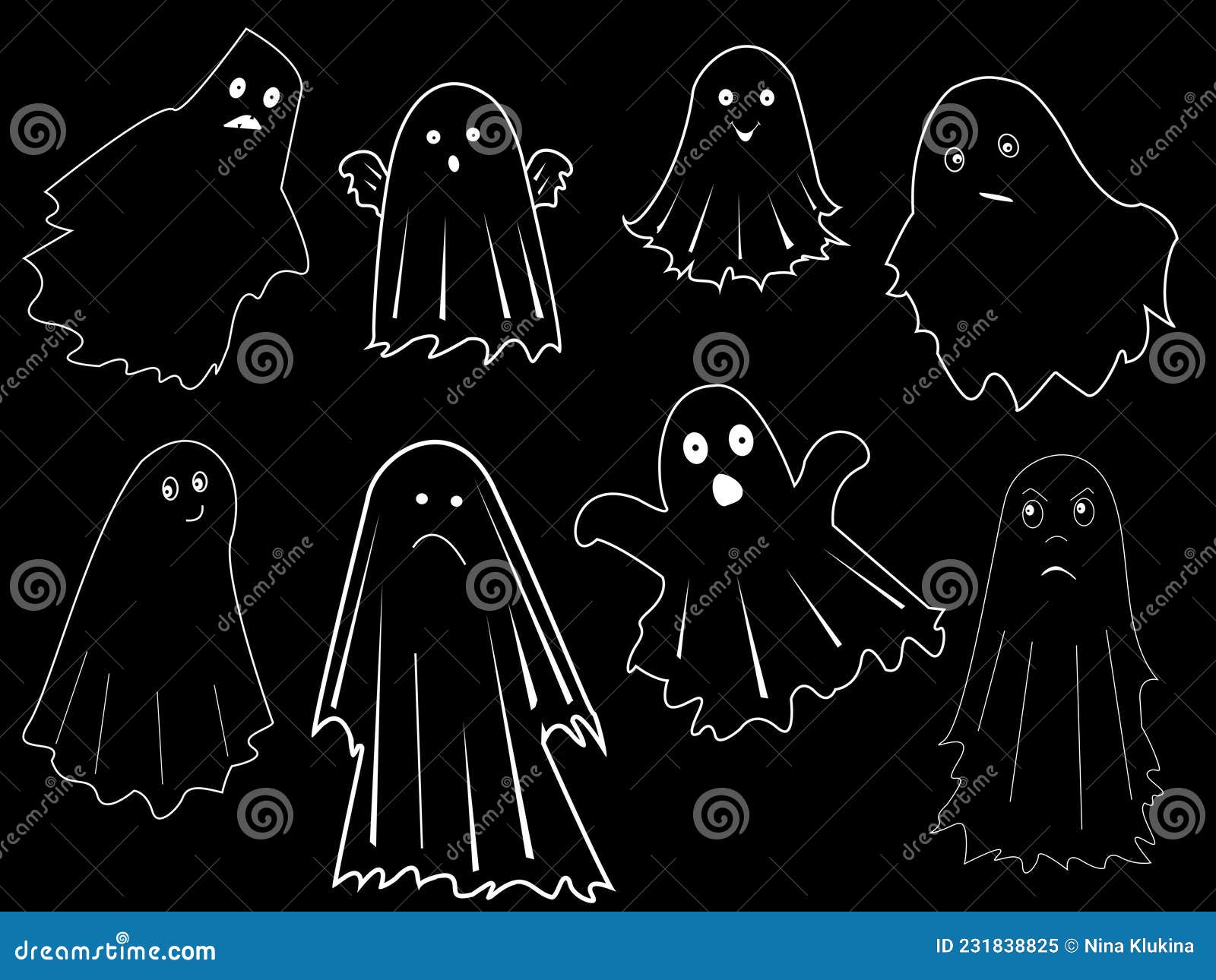 Eight White Ghosts on a Black Background Stock Illustration ...