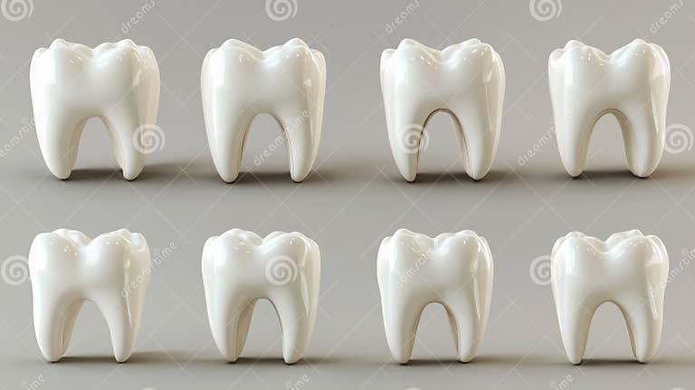 Eight White Tooth Models in Two Rows on a Neutral Background Stock ...