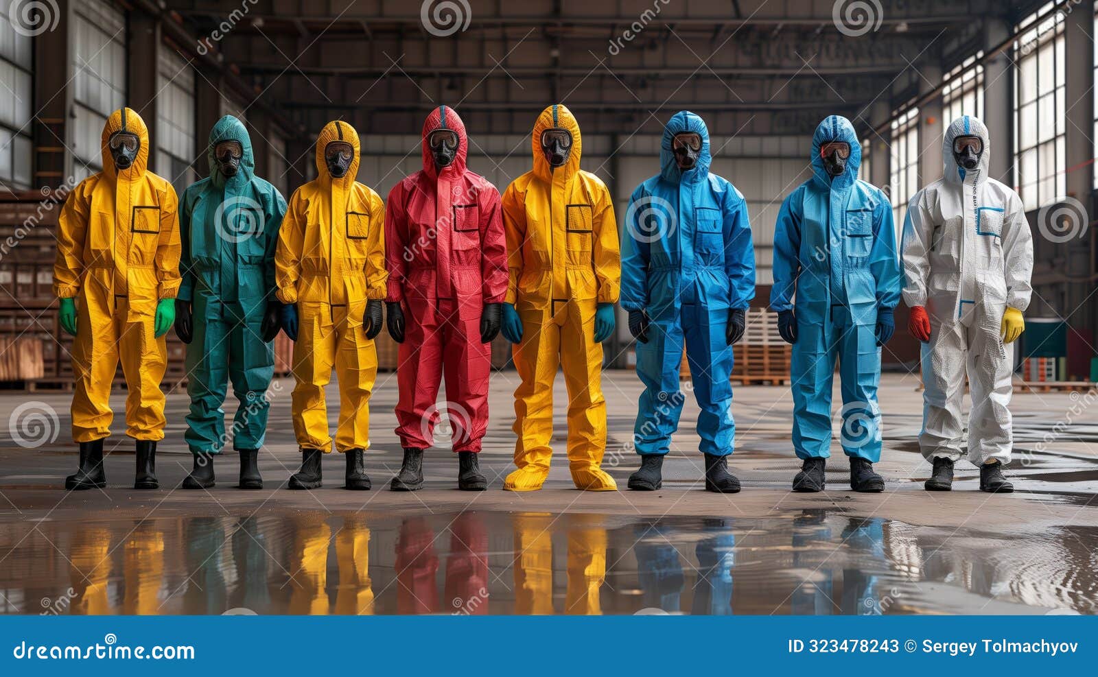 Eight Workers in Hazmat Suits Standing in Industrial Building Stock ...
