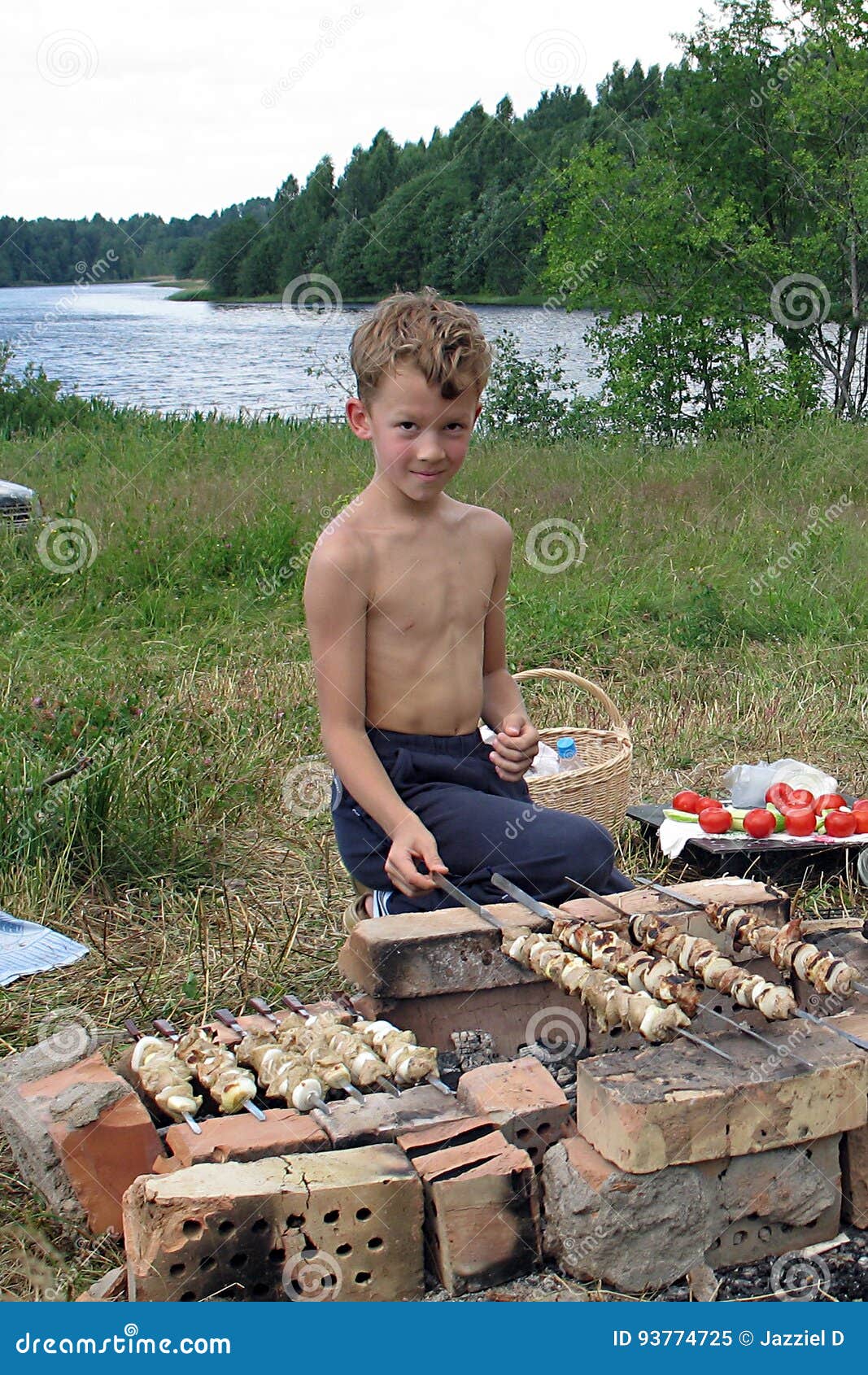 Eight Year Old Smiling Boy Roasting Meat Stock Image - Image of roast ...