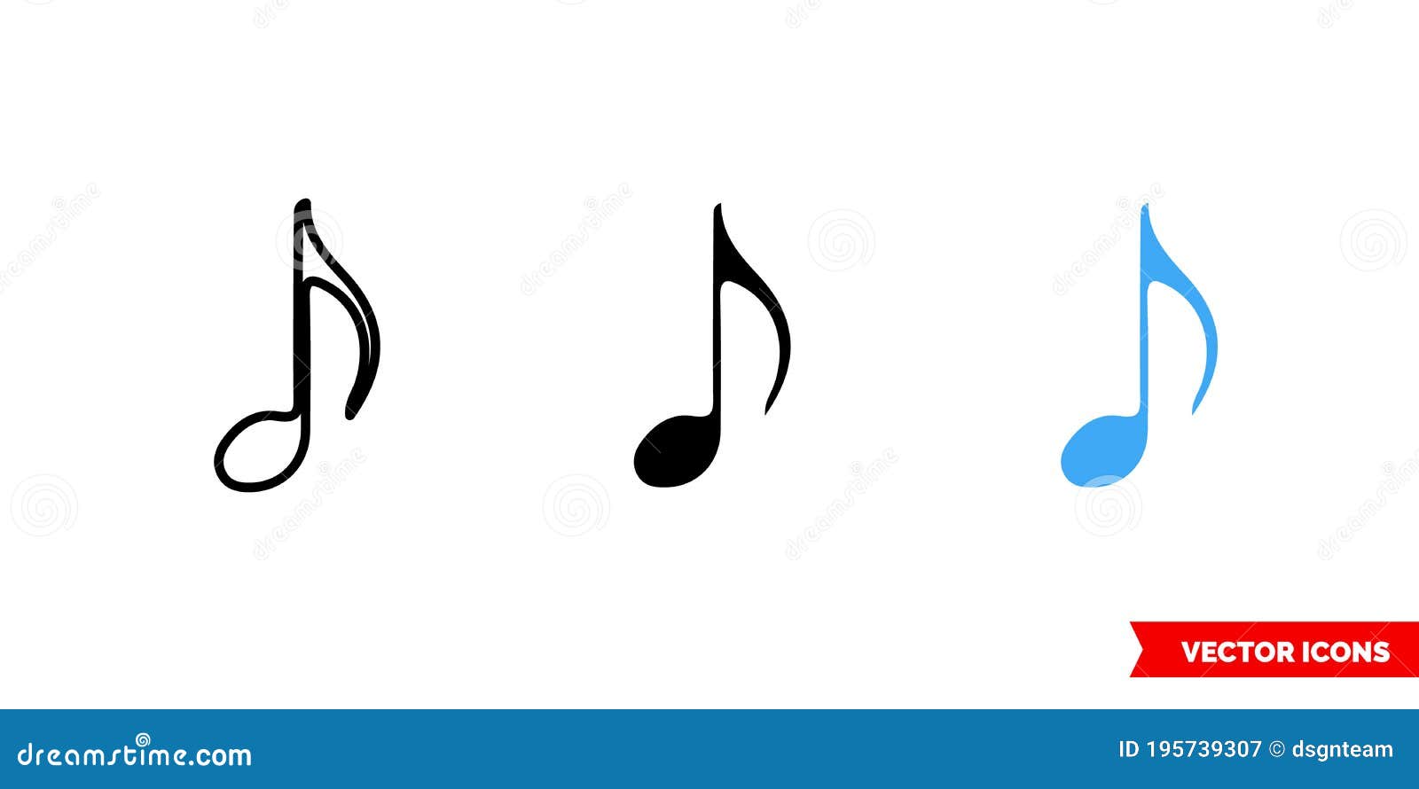 Eighth Note Icon of 3 Types Color, Black and White, Outline. Isolated ...