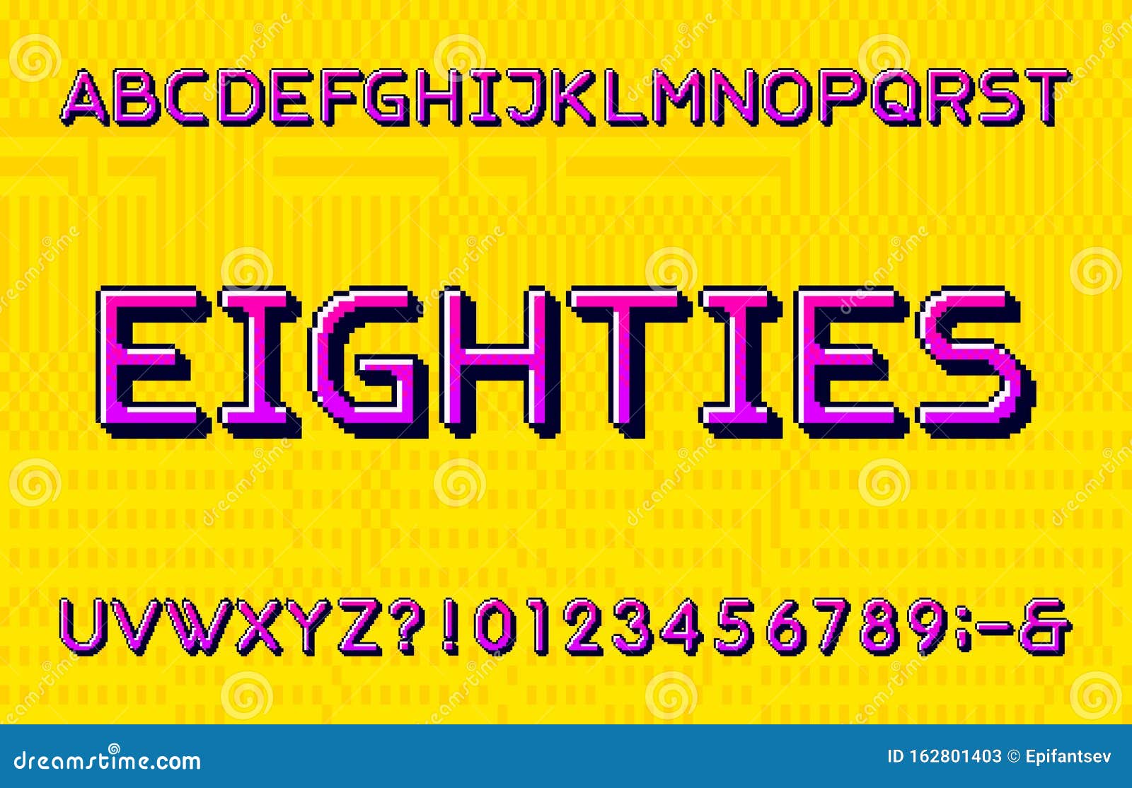 Eighties Alphabet Font. Pixel Letters, Numbers And Symbols. Yellow ... Eighties Alphabet Font. Pixel Letters, Numbers And Symbols. Yellow ...