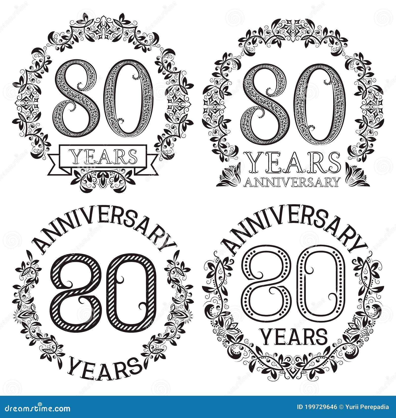 Eightieth Anniversary Emblems Set. Patterned Celebration Signs in ...