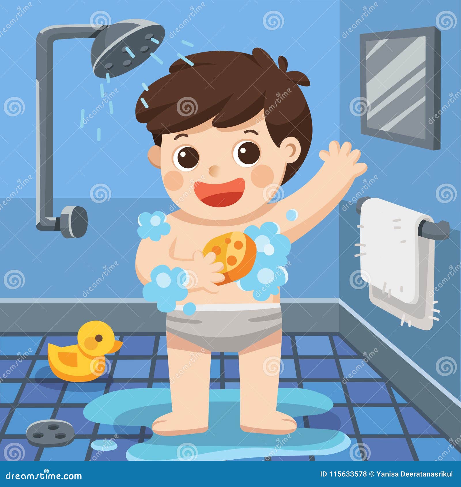 Ein Junge, Der Eine Dusche Im Badezimmer Nimmt Vektor Abbildung ...