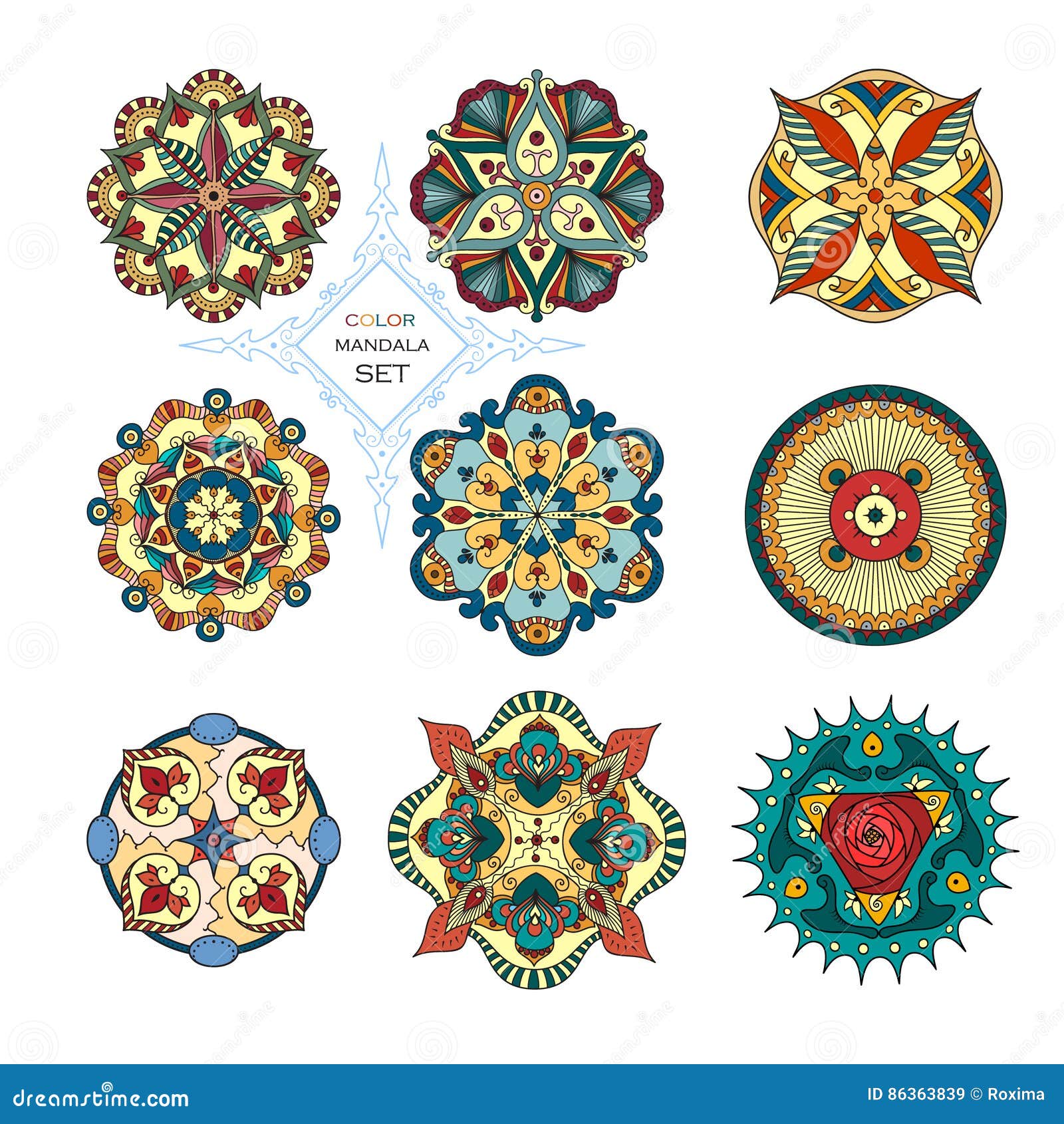 Ein Satz von neun Mandalen vektor abbildung. Illustration von ...