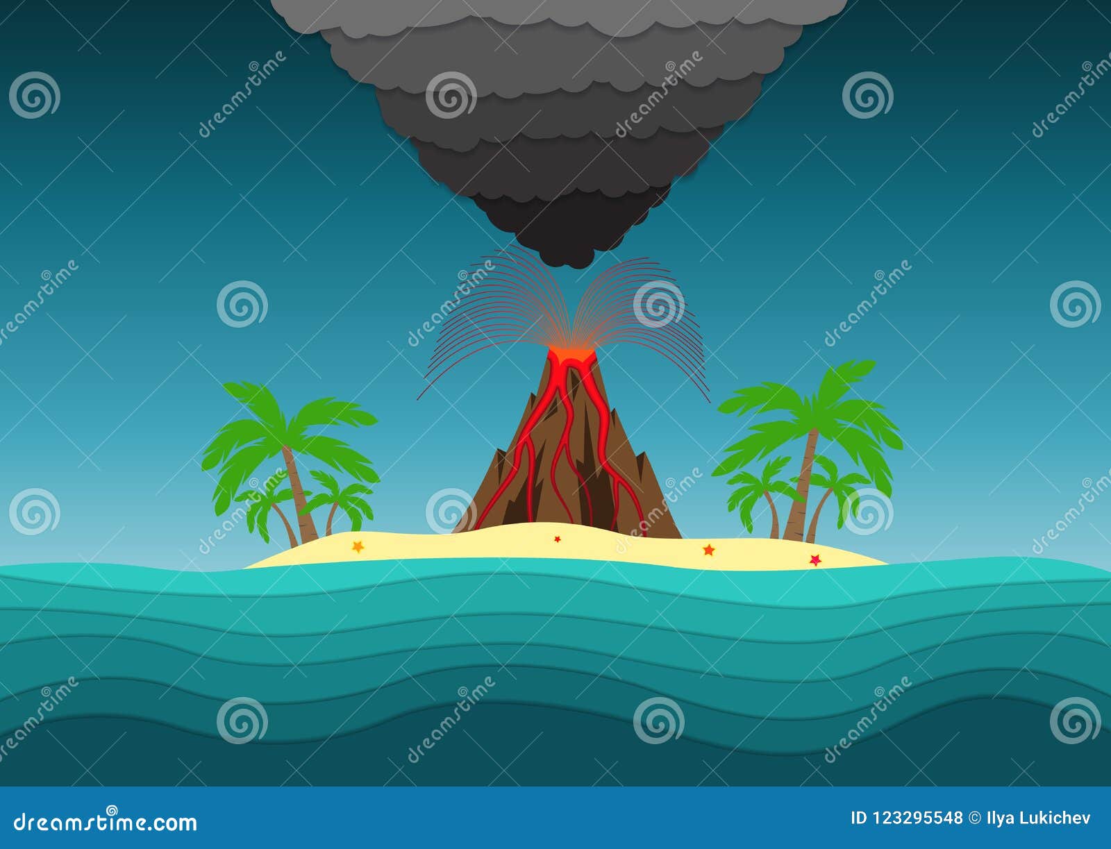 Eine Insel Im Meer Mit Palmen Und Einem Vulkan Vektor Abbildung ...