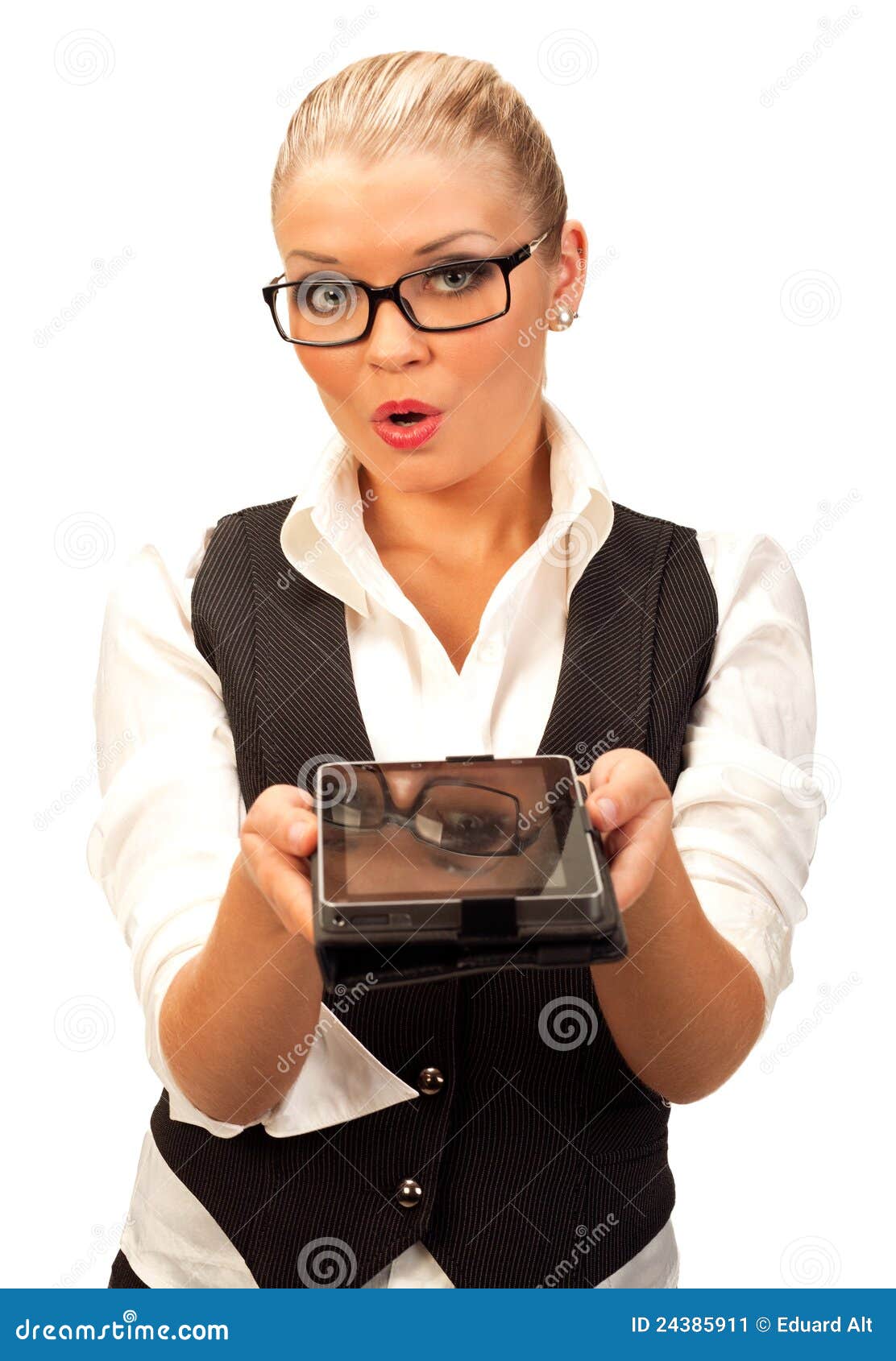 Eine Junge Frau Mit Ihrer Tablette Stockbild - Bild von schön ...