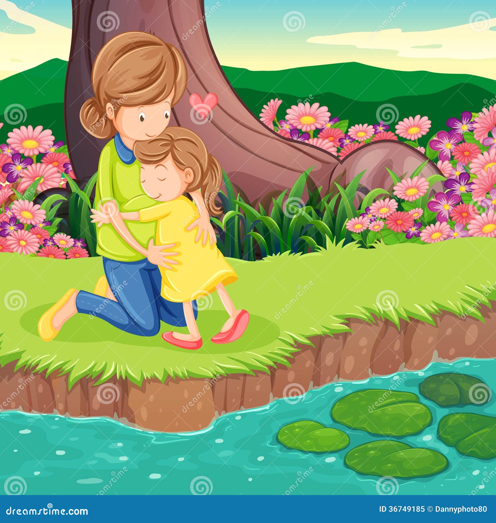 Eine Mutter, Die Ihre Tochter am Riverbank Umarmt Stock Abbildung ...