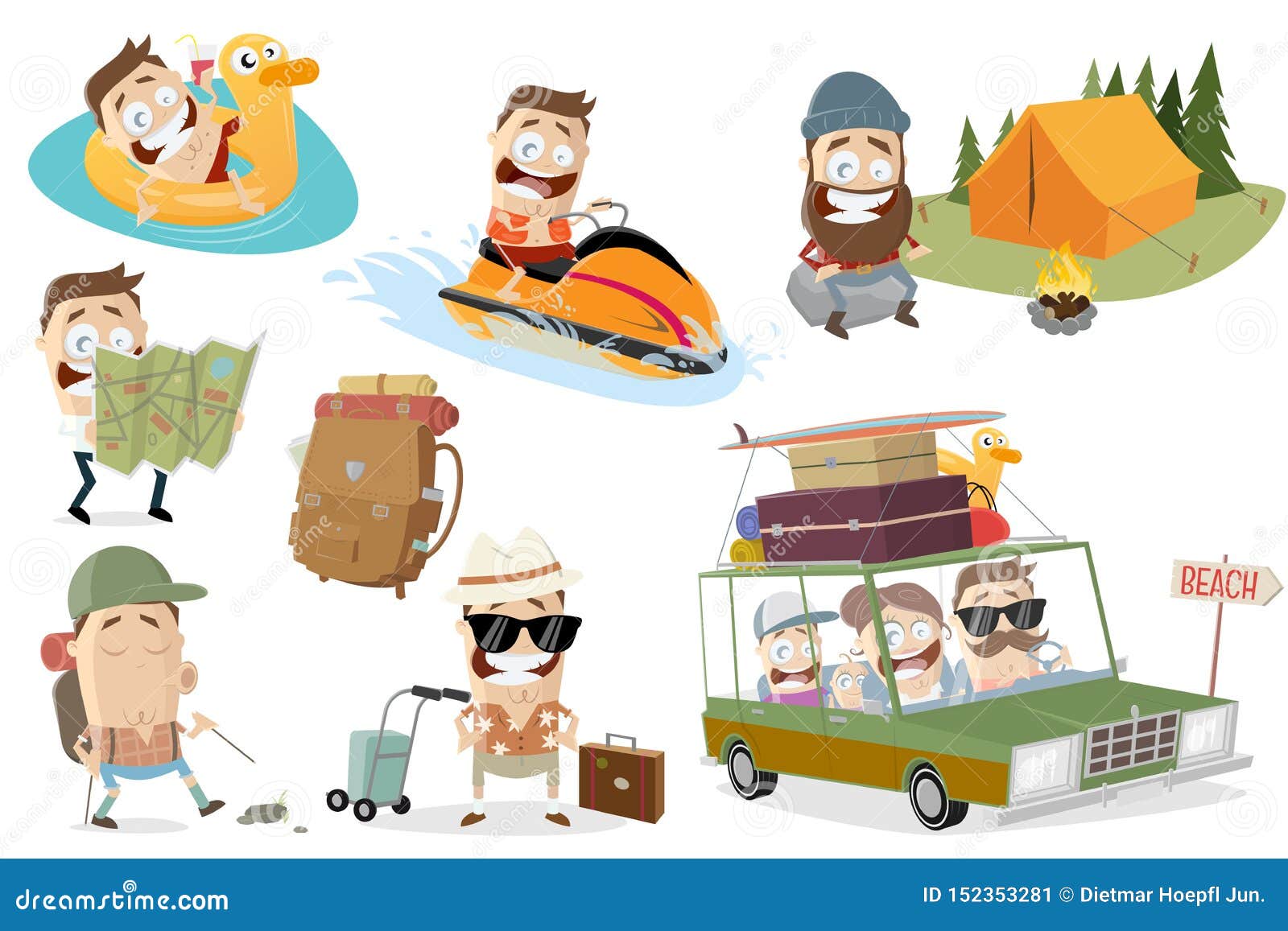 Funny Vacation Related Cartoon Man Collection Stock Vector ...