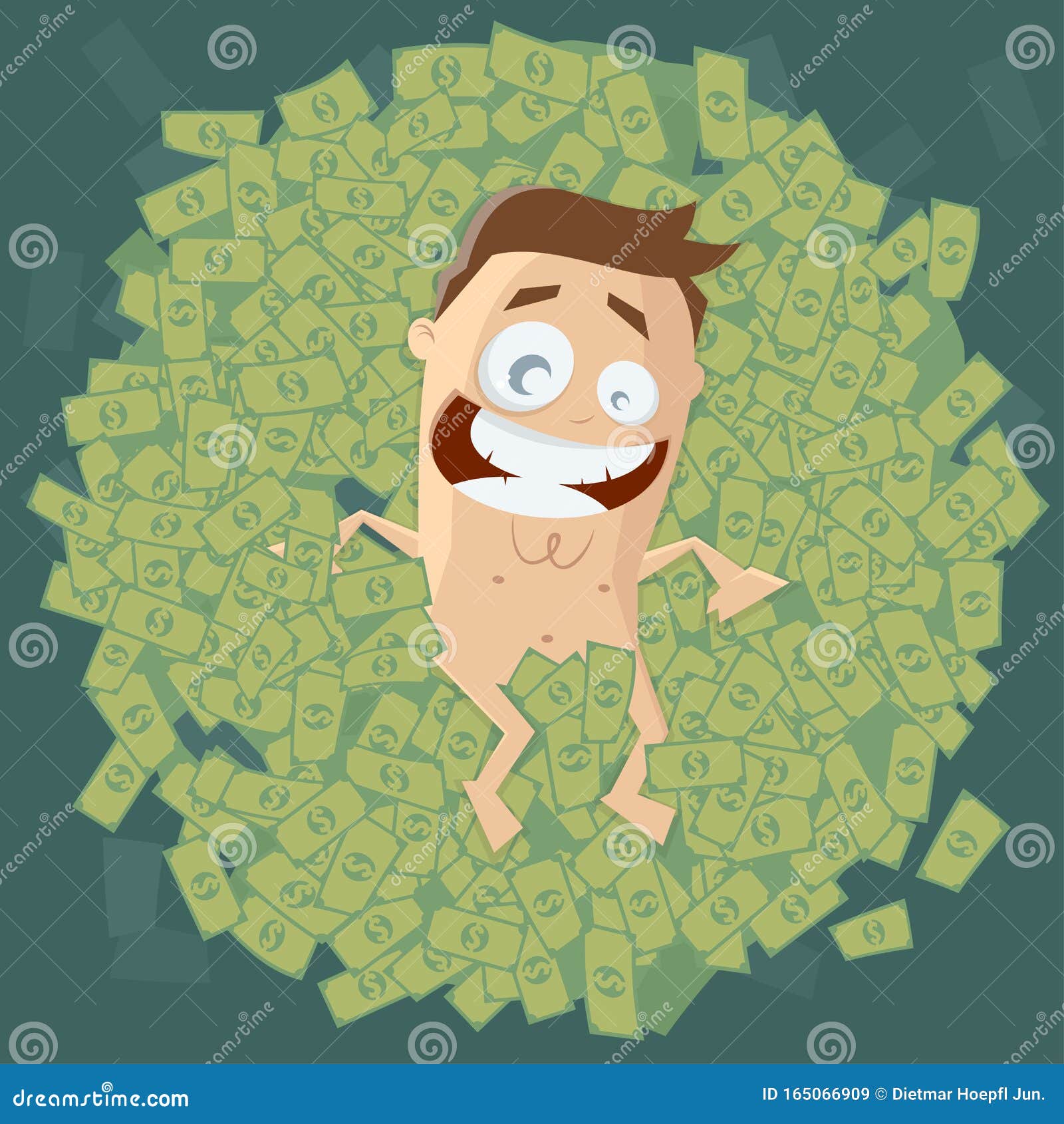 Funny Cartoon Businessman Taking a Bath in Dollar Bills Stock Vector ...