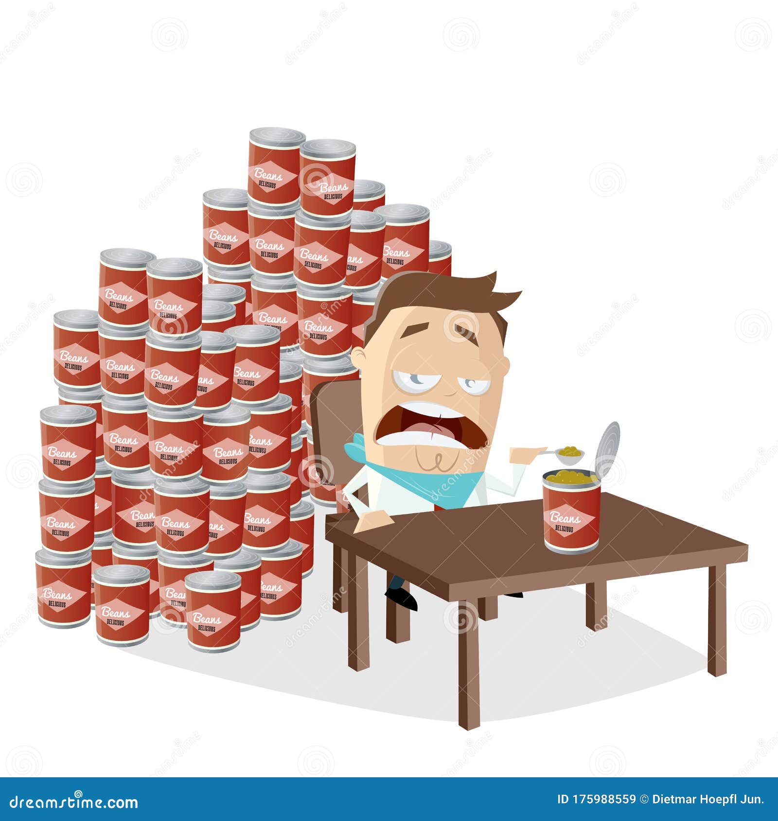Funny Cartoon Man Has To Eat All the Canned Beans he Bought in Panic ...