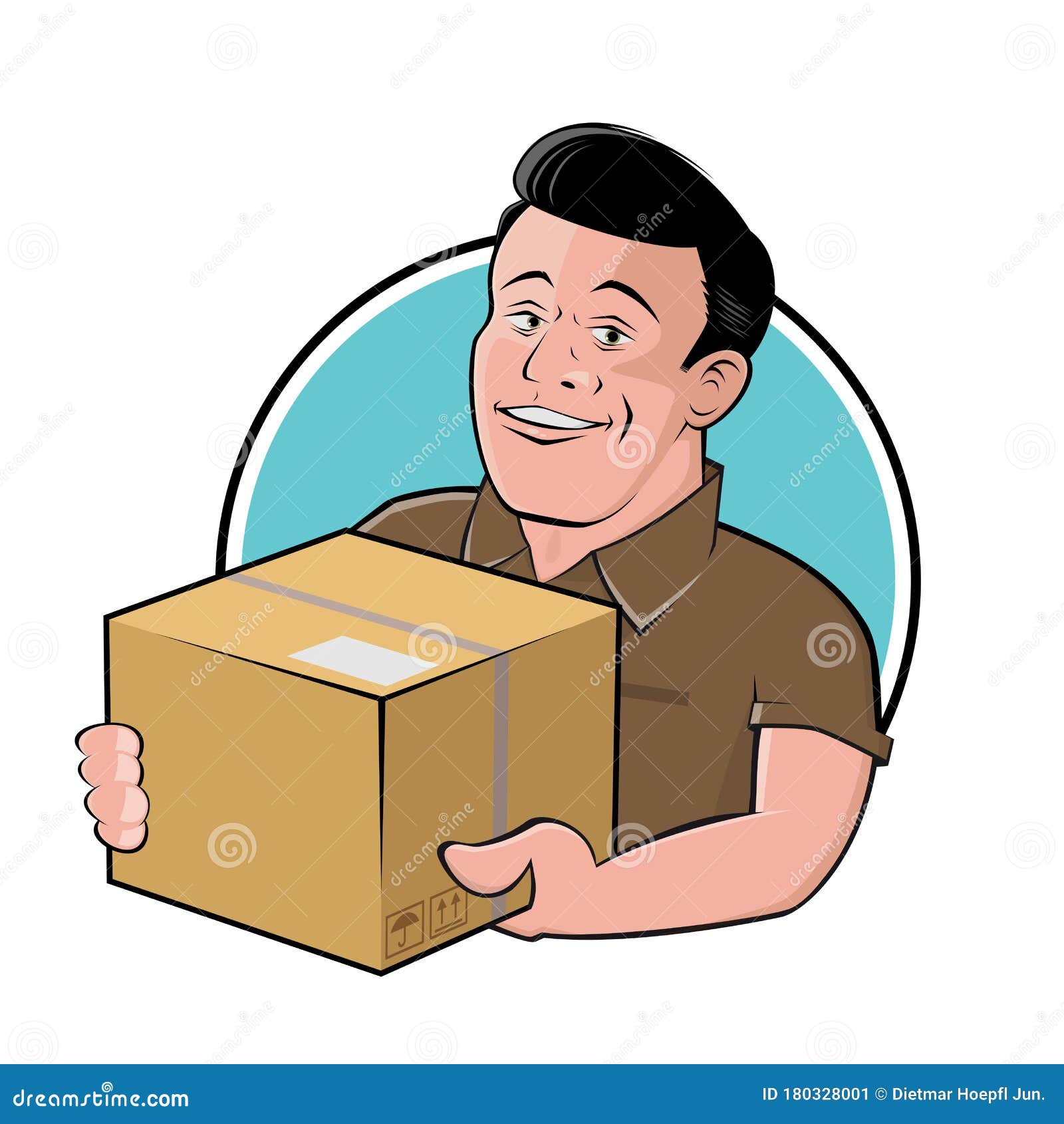 Funny Cartoon Delivery Guy with Parcel in a Badge Stock Vector ...