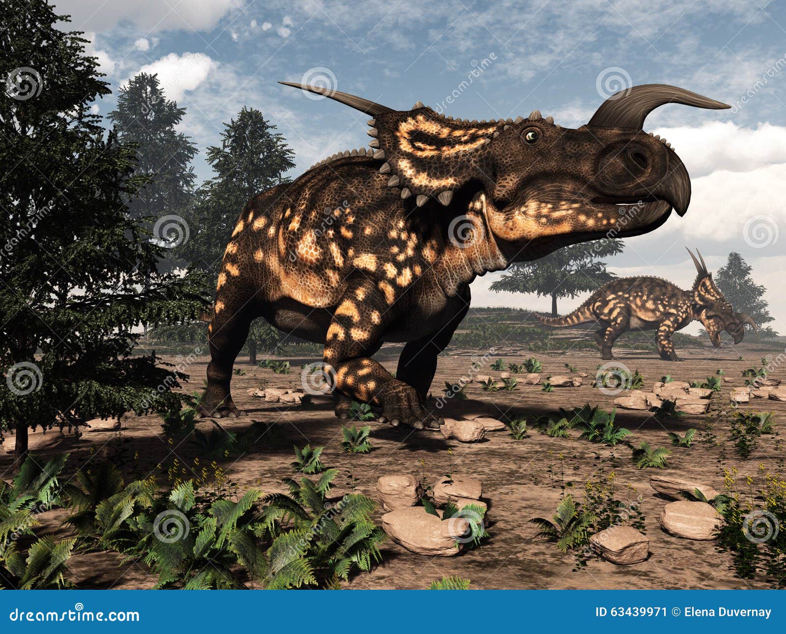 Einiosaurus Dinosaurs in the Desert - 3D Render Stock Illustration ...