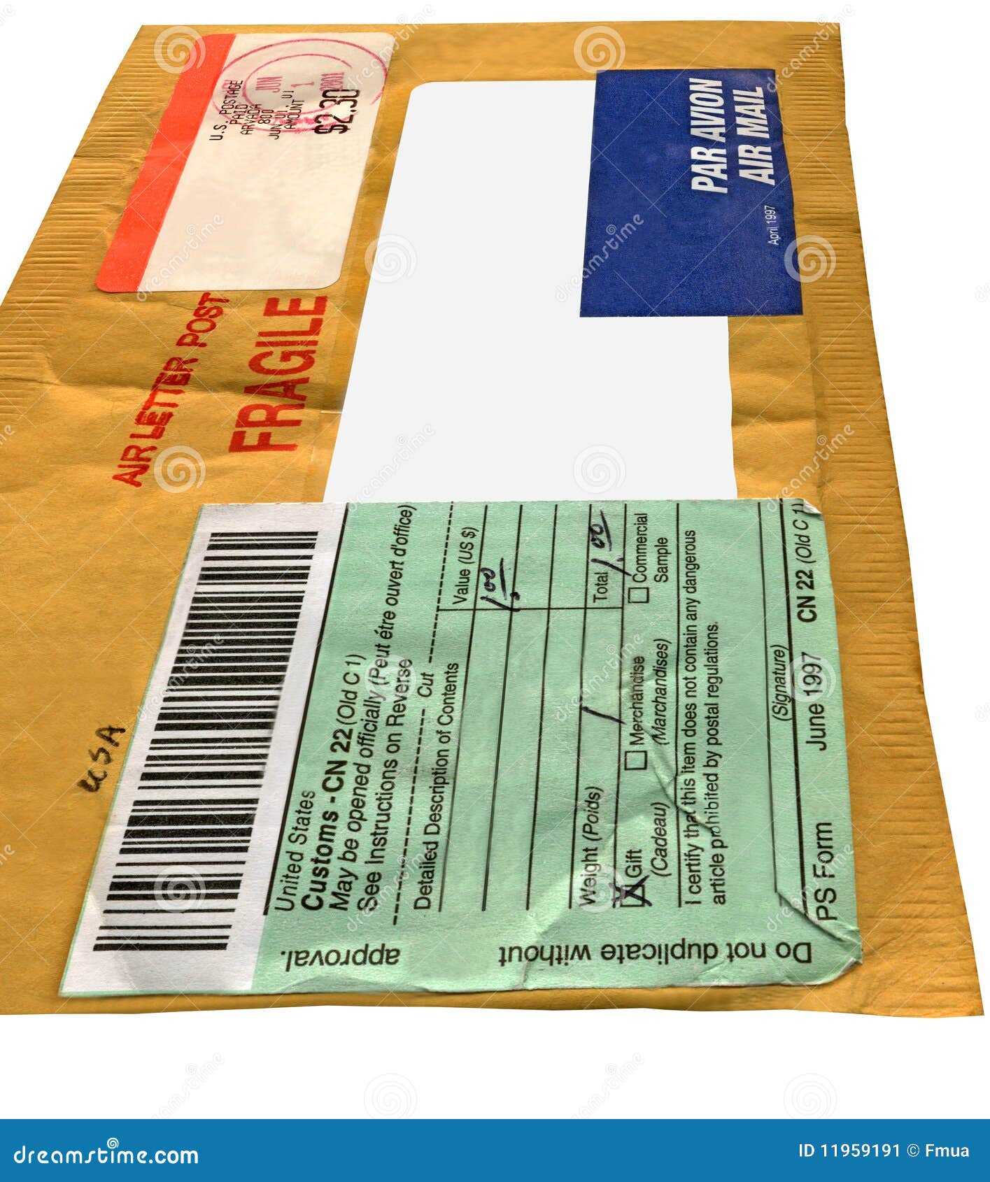 Einzelnes Gelbes Postpaket (Umschlag, Formular Cn22) Stockbild - Bild ...