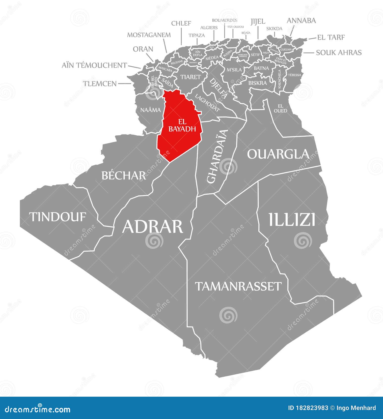 El Bayadh Red Highlighted in Map of Algeria Stock Illustration ...