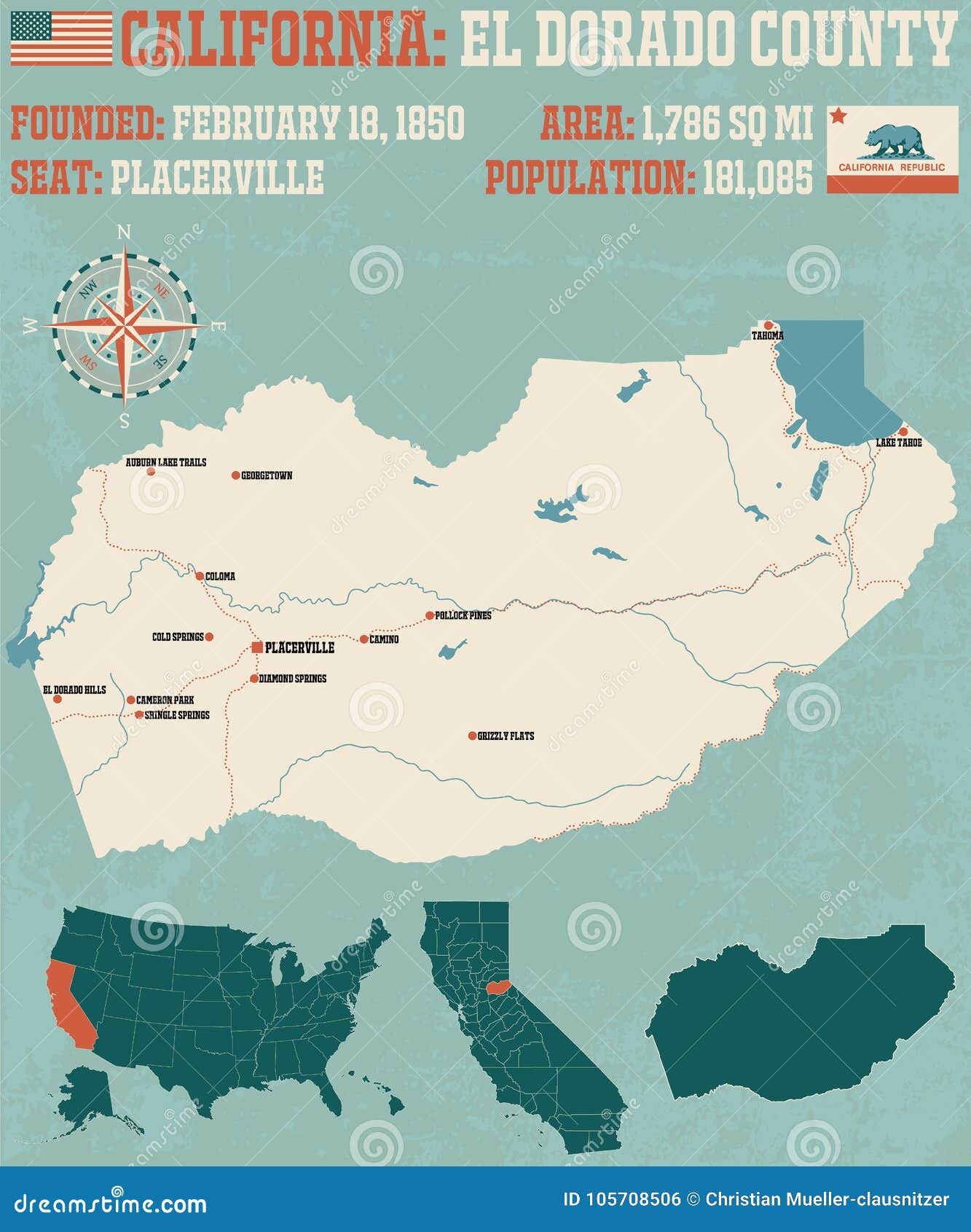 El Dorado County in California. Stock Vector - Illustration of seat ...