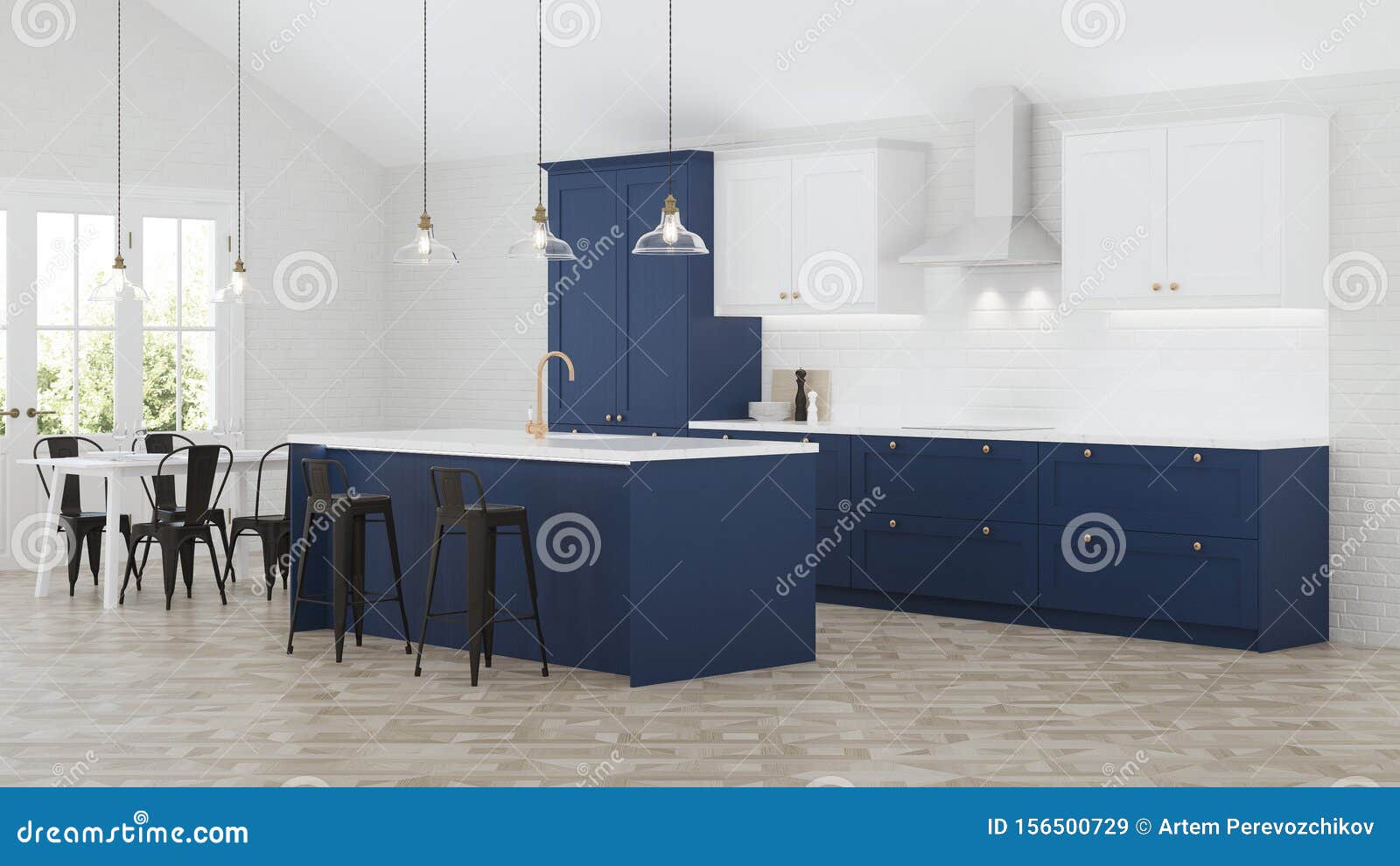 El Interior De La Cocina En Una Residencia Privada. Cocina Azul. Stock ...