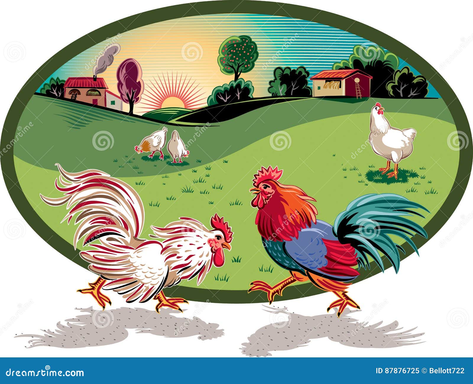 El Luchar De Las Gallinas Y De Dos Gallos Stock de ilustración ...