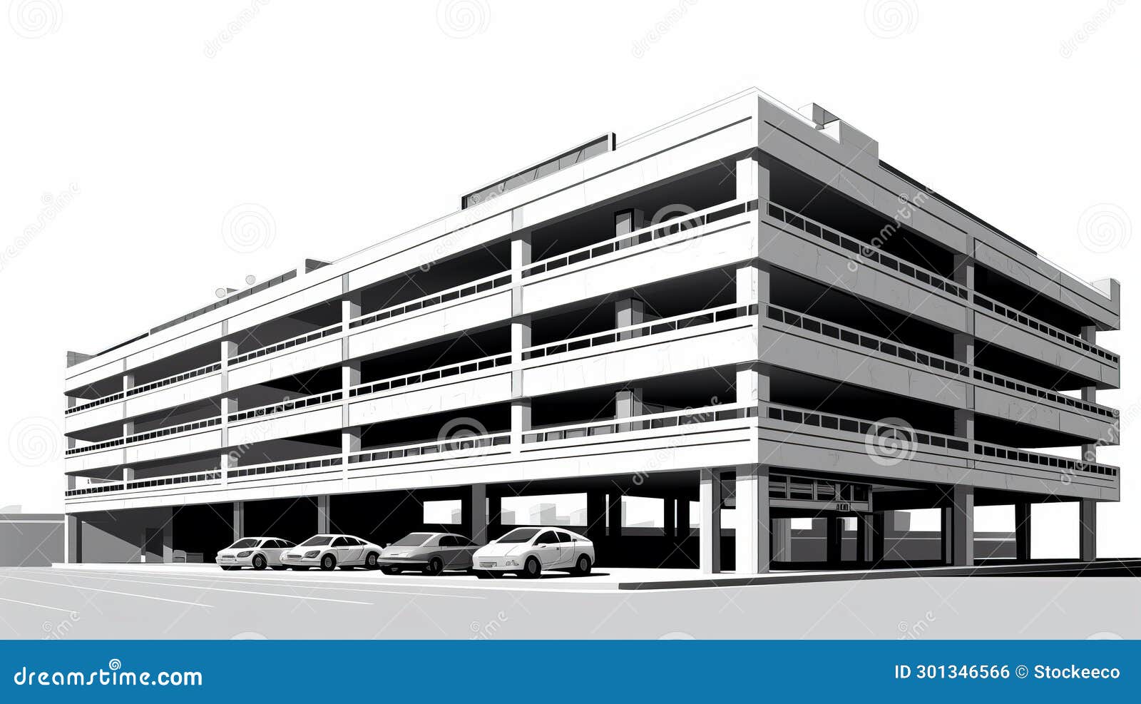 Elaborate Black and White Rendering of a Parking Garage Car Stock ...