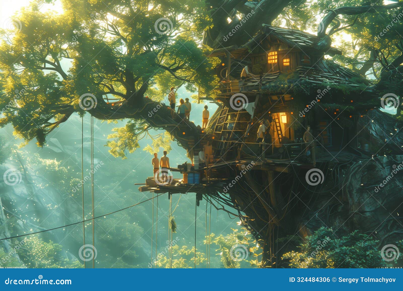 Elaborate Treehouse with Group of People in a Lush Forest Setting Stock ...