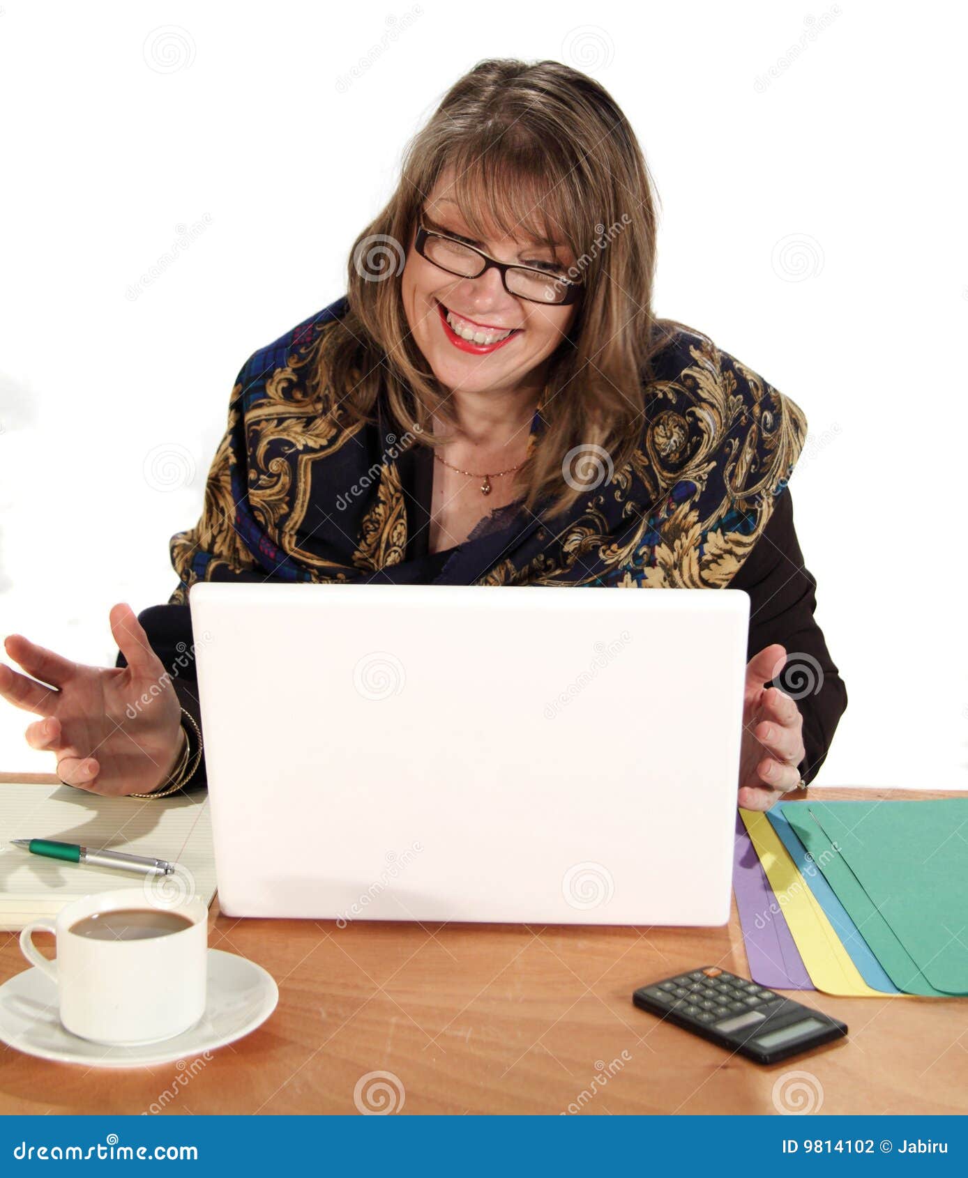 Elated Businesswoman stock photo. Image of desk, suit - 9814102