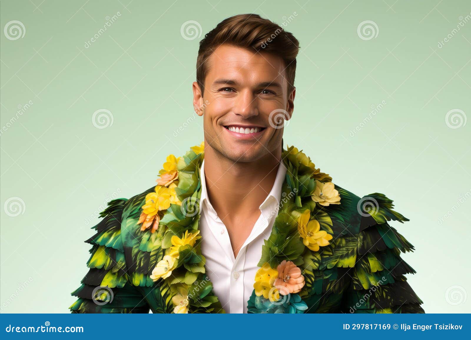 Elated Man in Brazilian Carnival Costume on Solid Background with Text ...