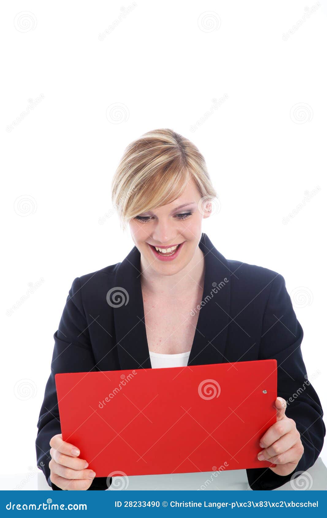 Elated Woman Reading Notes on a Clipboard Stock Photo - Image of ...
