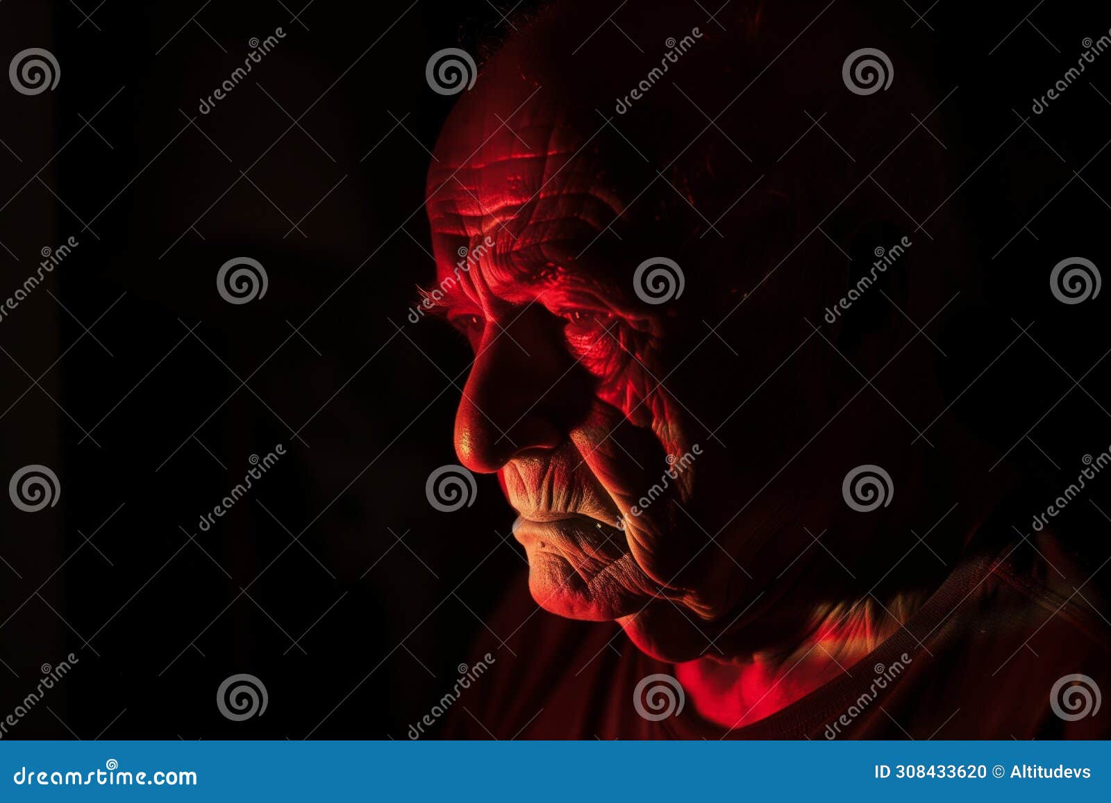 Elder in a Dark Room, Illuminating His Face with a Red Light Stock ...