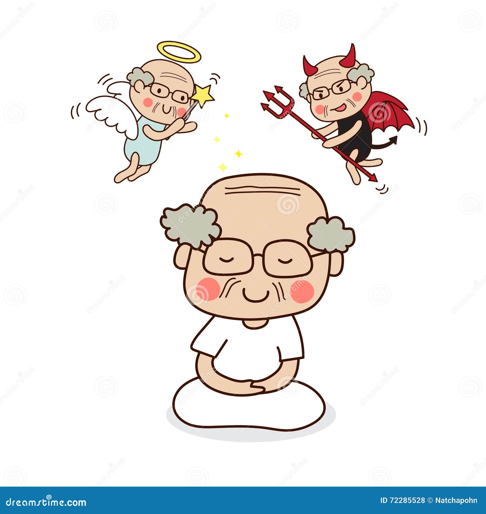 An Elder Male Meditating with Angel and Devil. Stock Vector ...