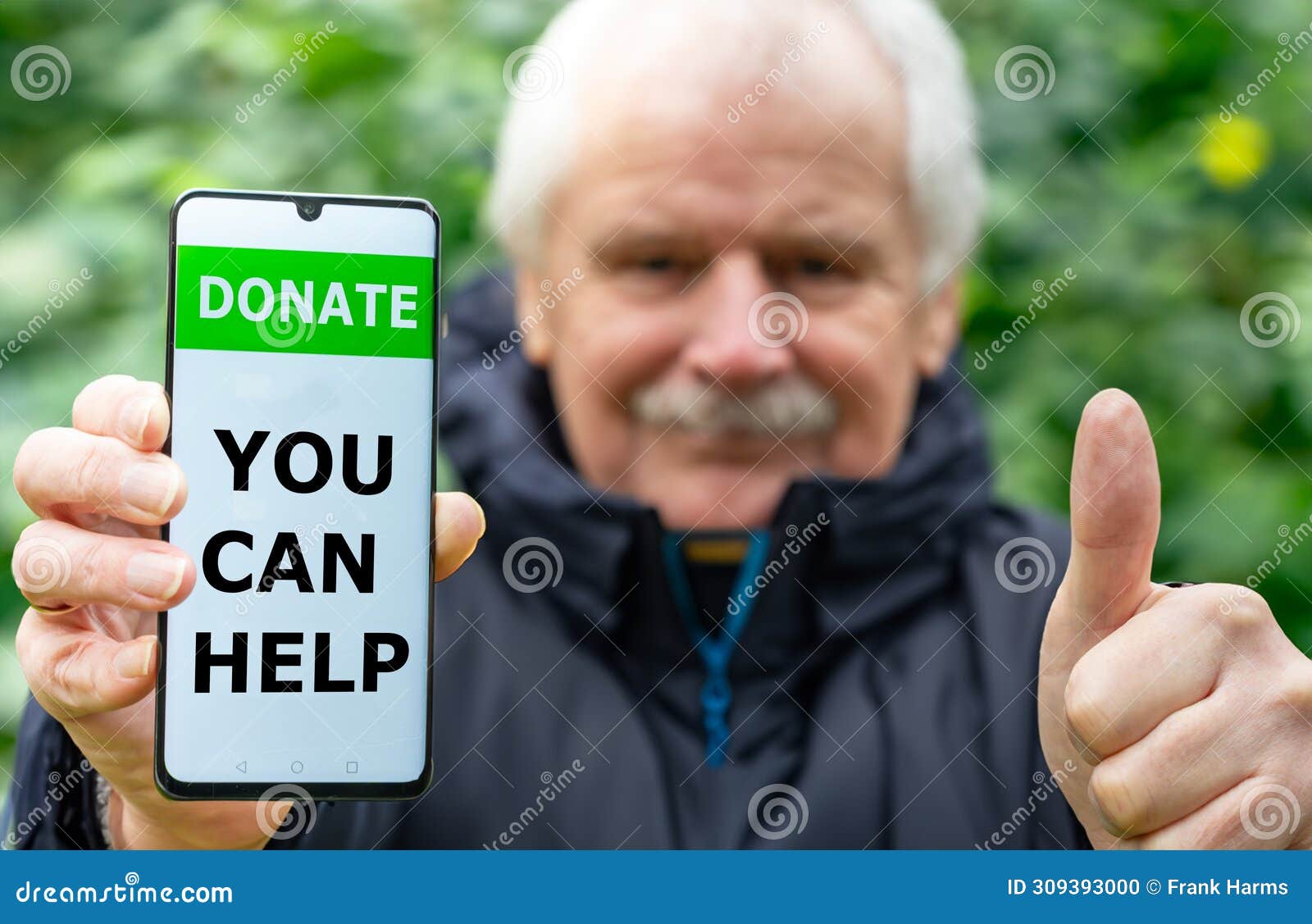Elder Man Shows a Mobile Phone with the Test Donate, You Can Help ...
