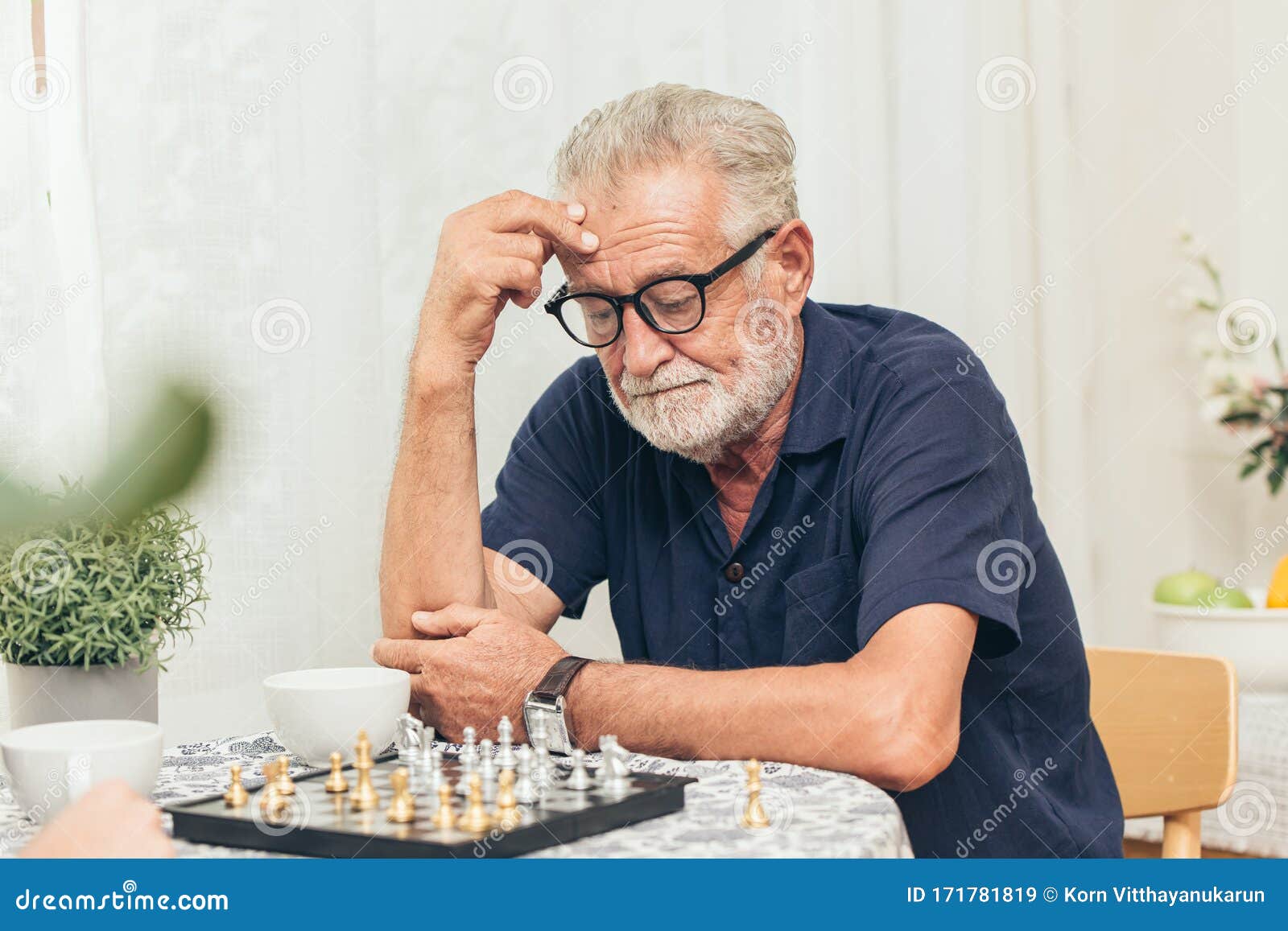 Elder Stress Seriously Thinking while Playing Chess Board Game Stock ...