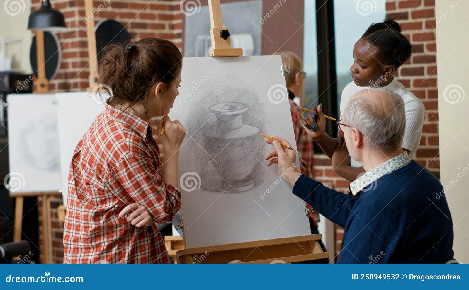 Elder Student Talking To People in Art Class about Drawing Technique ...