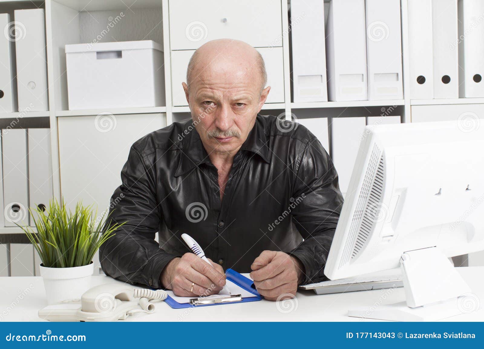 An Elderly Bald Man at the Computer. Stock Image - Image of multimedia ...