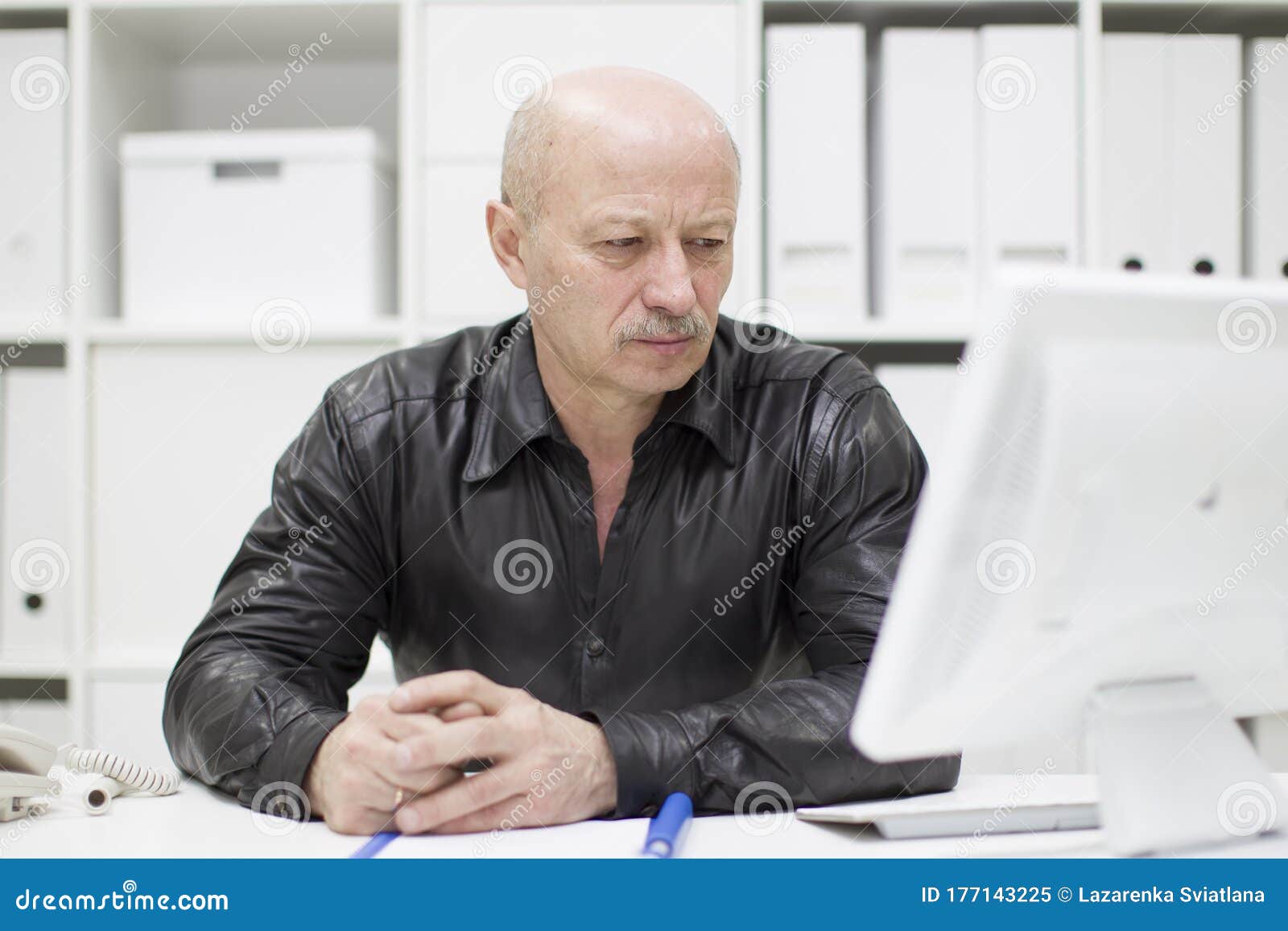 An Elderly Bald Man at the Computer. Stock Image - Image of computer ...